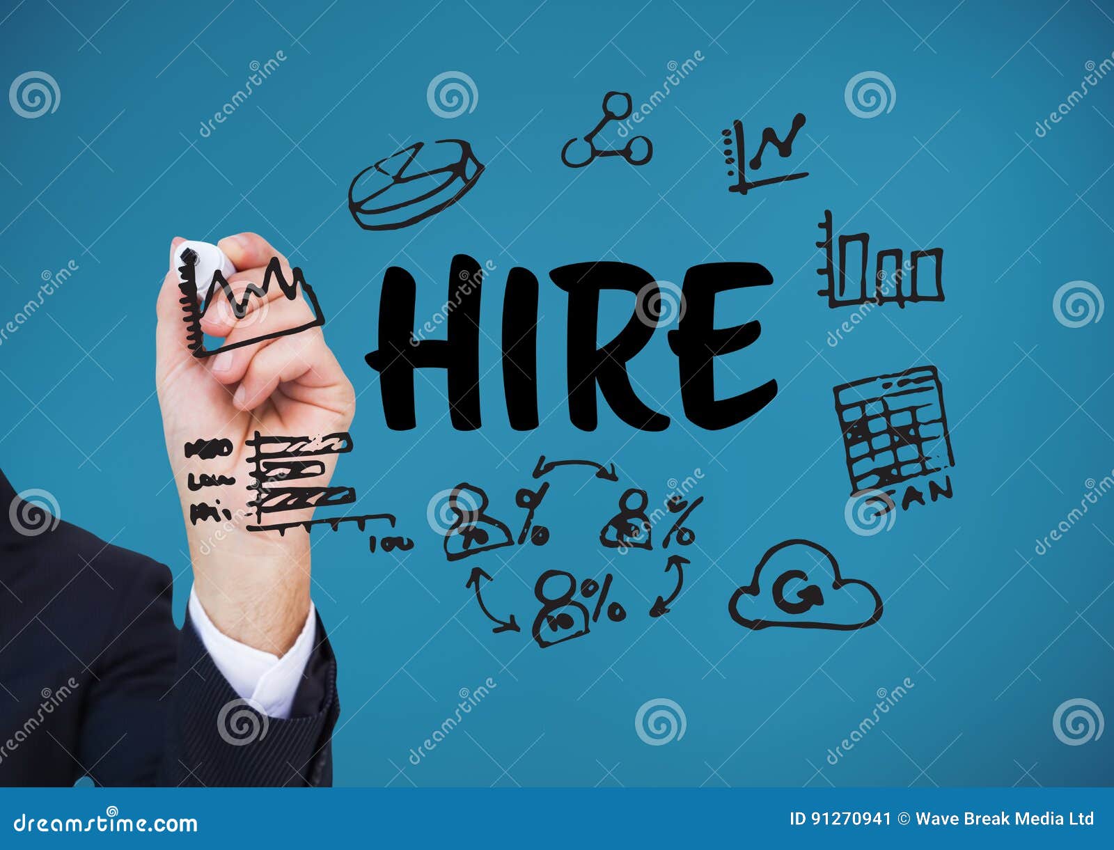 Hand Drawing Hire Graphic. Blue Background Stock Illustration ...