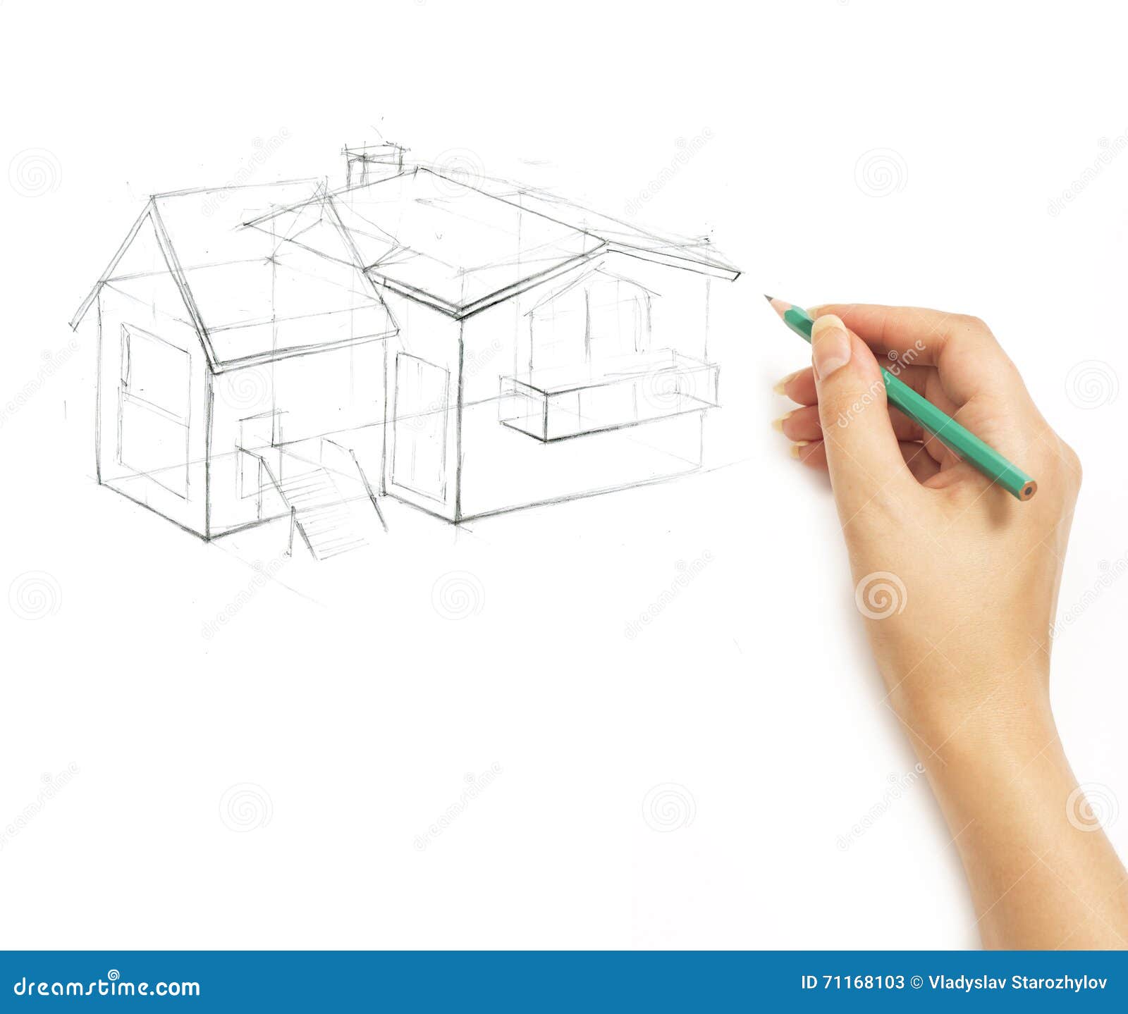 Hand Drawing a House with a Pencil on a White Stock Image - Image of ...