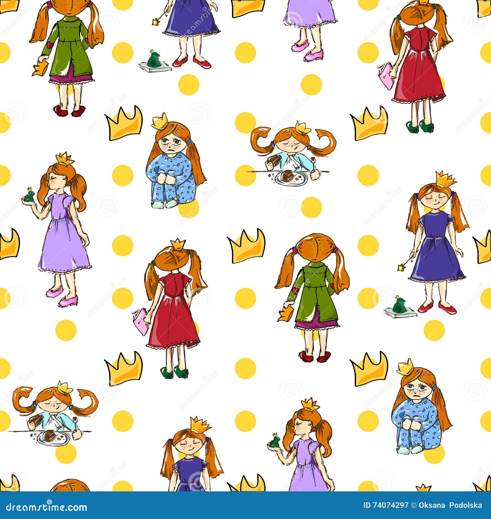 Hand Drawing. Illustration of a Cute Little Princess. Seamless Pattern ...