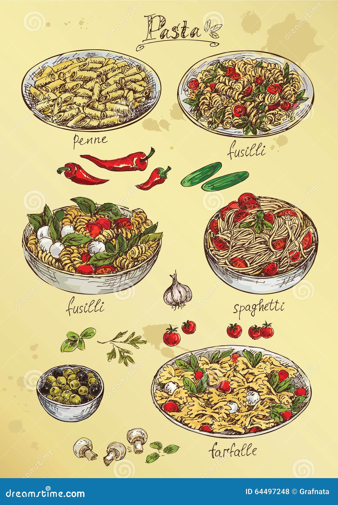 Hand Drawing Illustration with Set of Pasta and Vegetables Stock ...