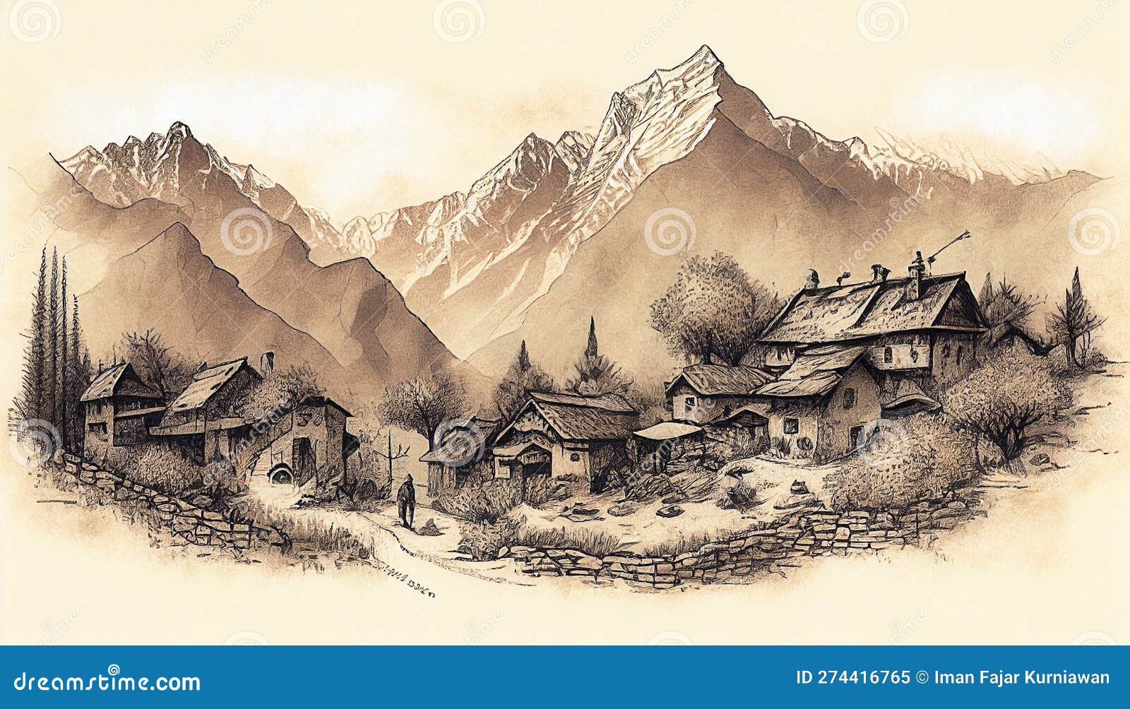 Hand Drawing Illustration of Settlement in Mountains Stock Illustration ...