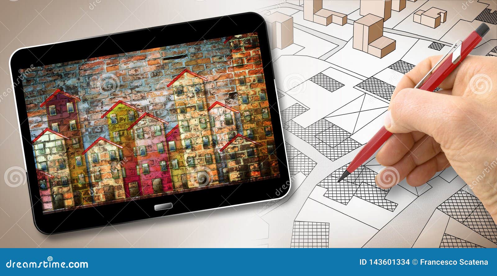 Hand Drawing an Imaginary Cadastral Map of Territory with Buildings ...
