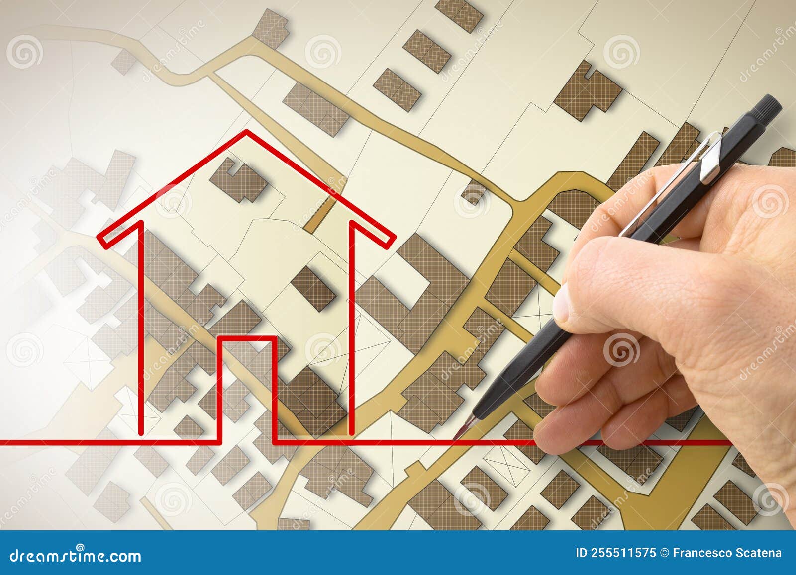 Hand Drawing an Imaginary Cadastral Map of Territory with Buildings and ...