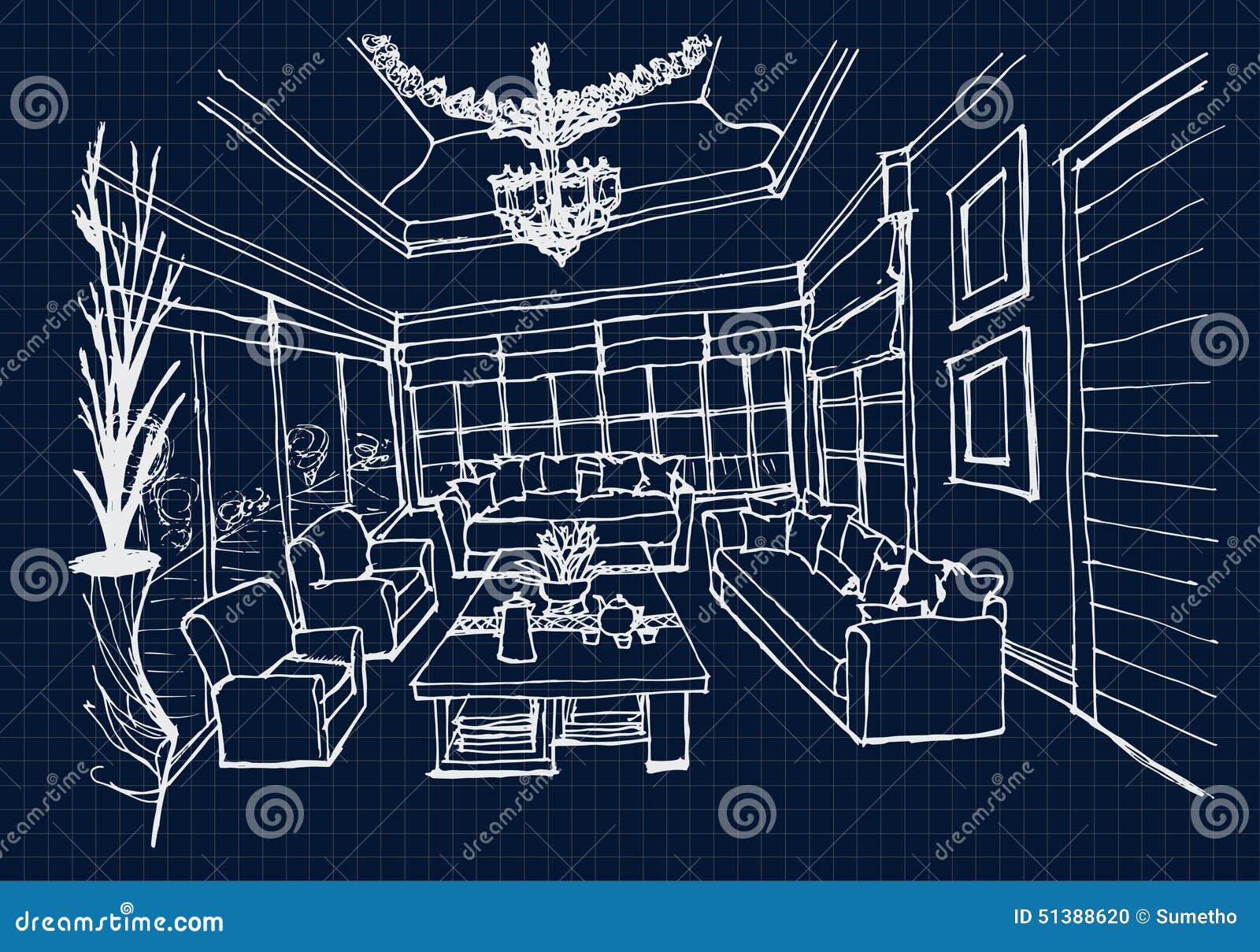Hand Drawing Interior Design for Living Room on Blue Print Background ...