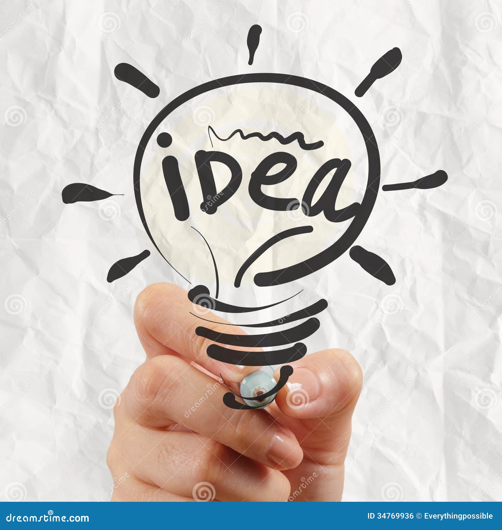 Hand Drawing Light Bulb with Crumpled Paper Stock Photo - Image of ...