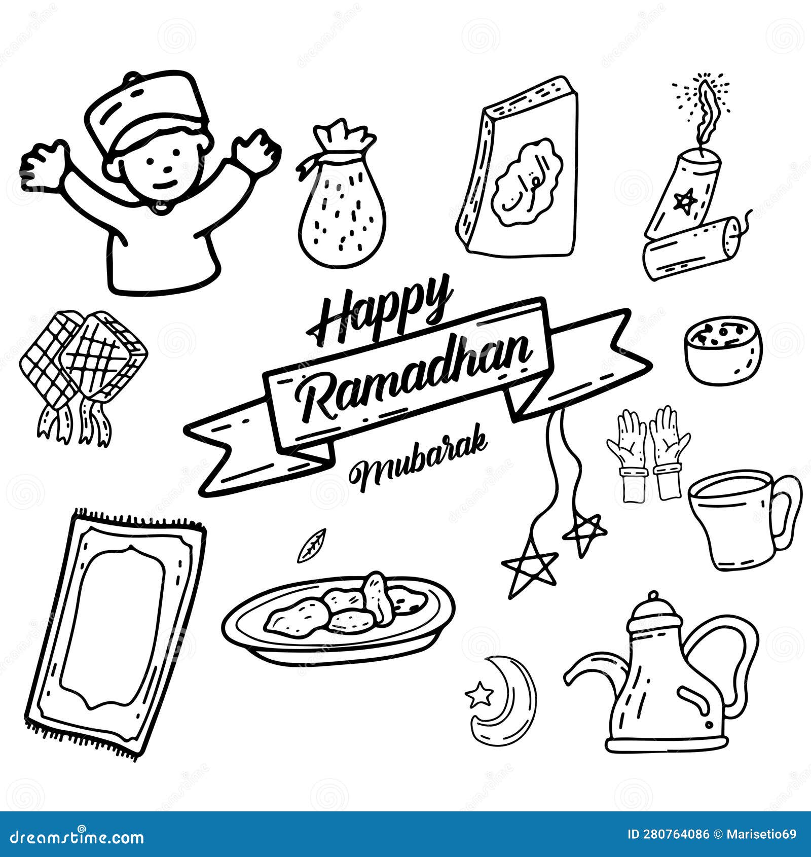 Hand Drawing Line of Ramadan Doodle Stock Vector - Illustration of moon ...