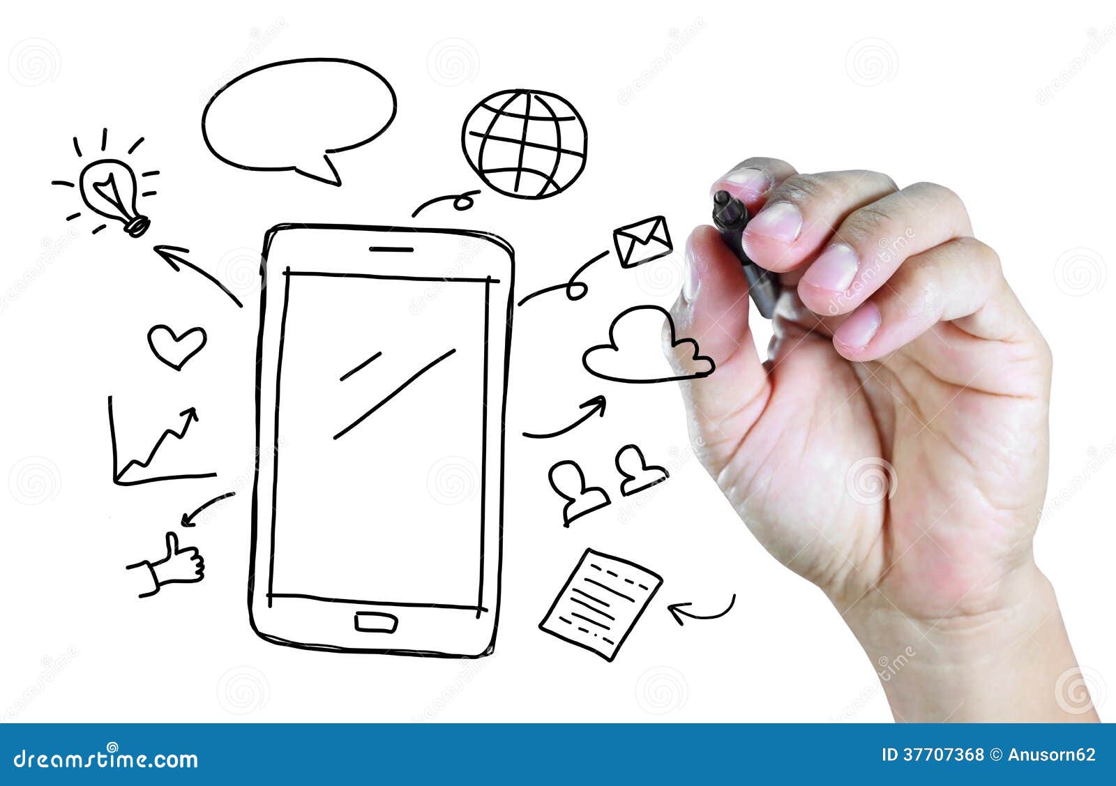 Hand Drawing Mobile Phone with Social Media Concept Stock Photo - Image ...