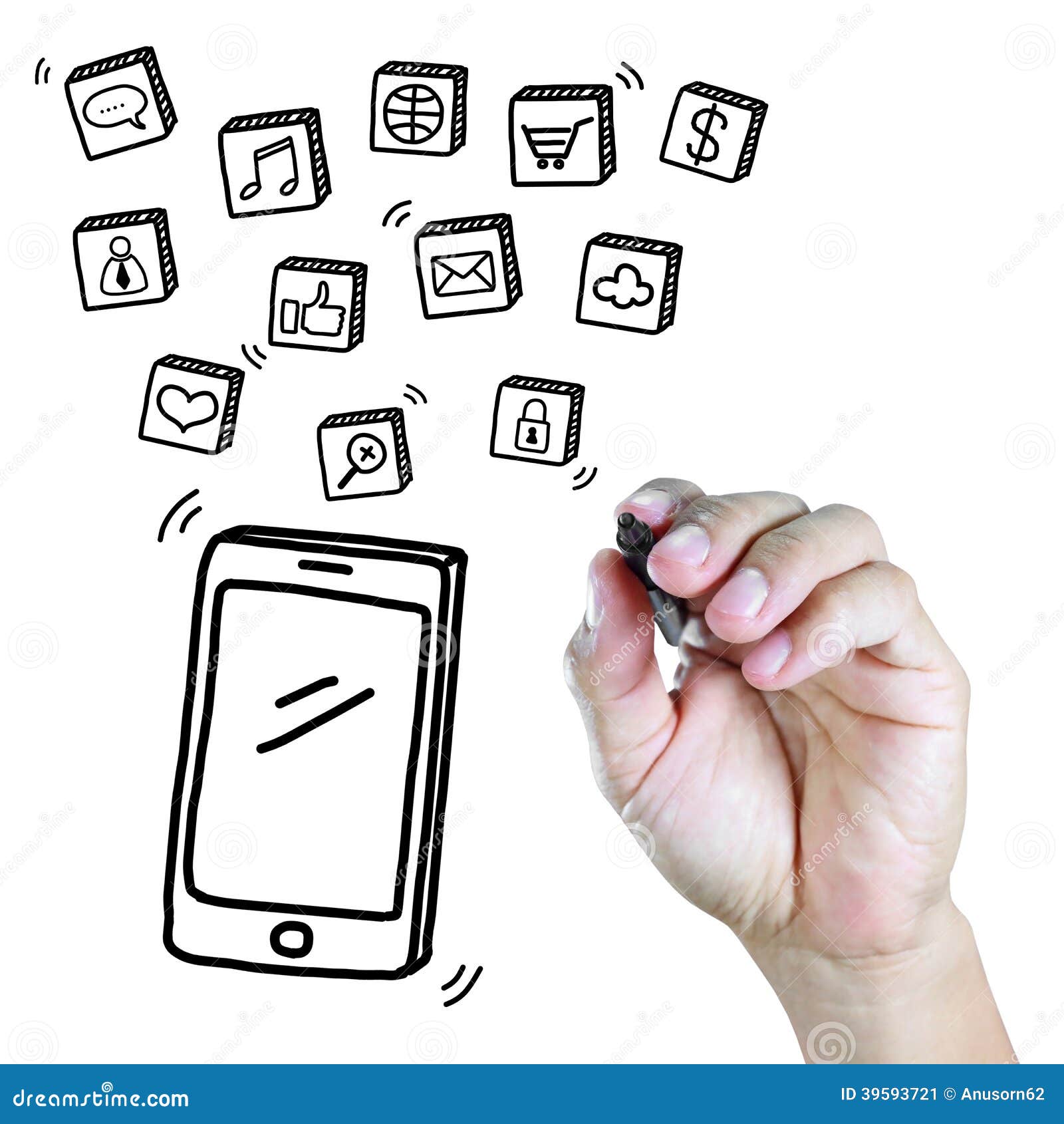Hand Drawing Mobile Phone with Social Media Stock Image - Image of ...