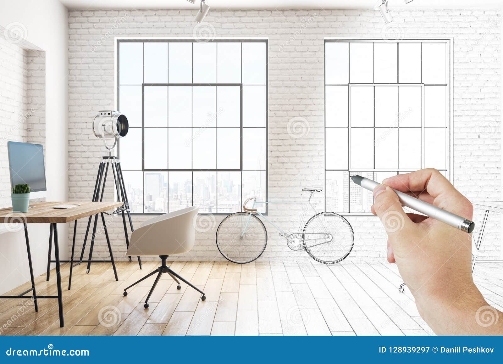 Hand drawing modern office stock image. Image of design - 128939297