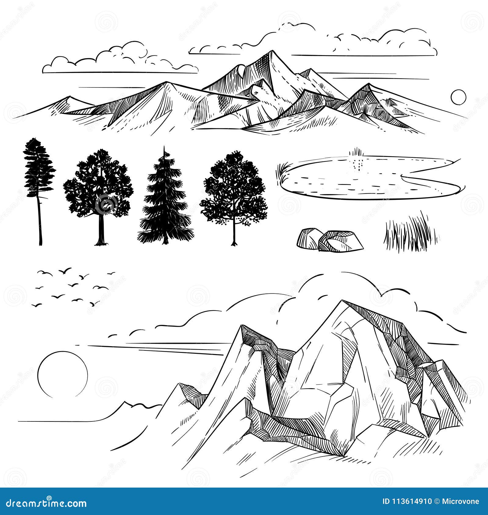 Hand Drawing Mountain Range, Peaks Clouds, Sun and Forest Trees. Retro ...