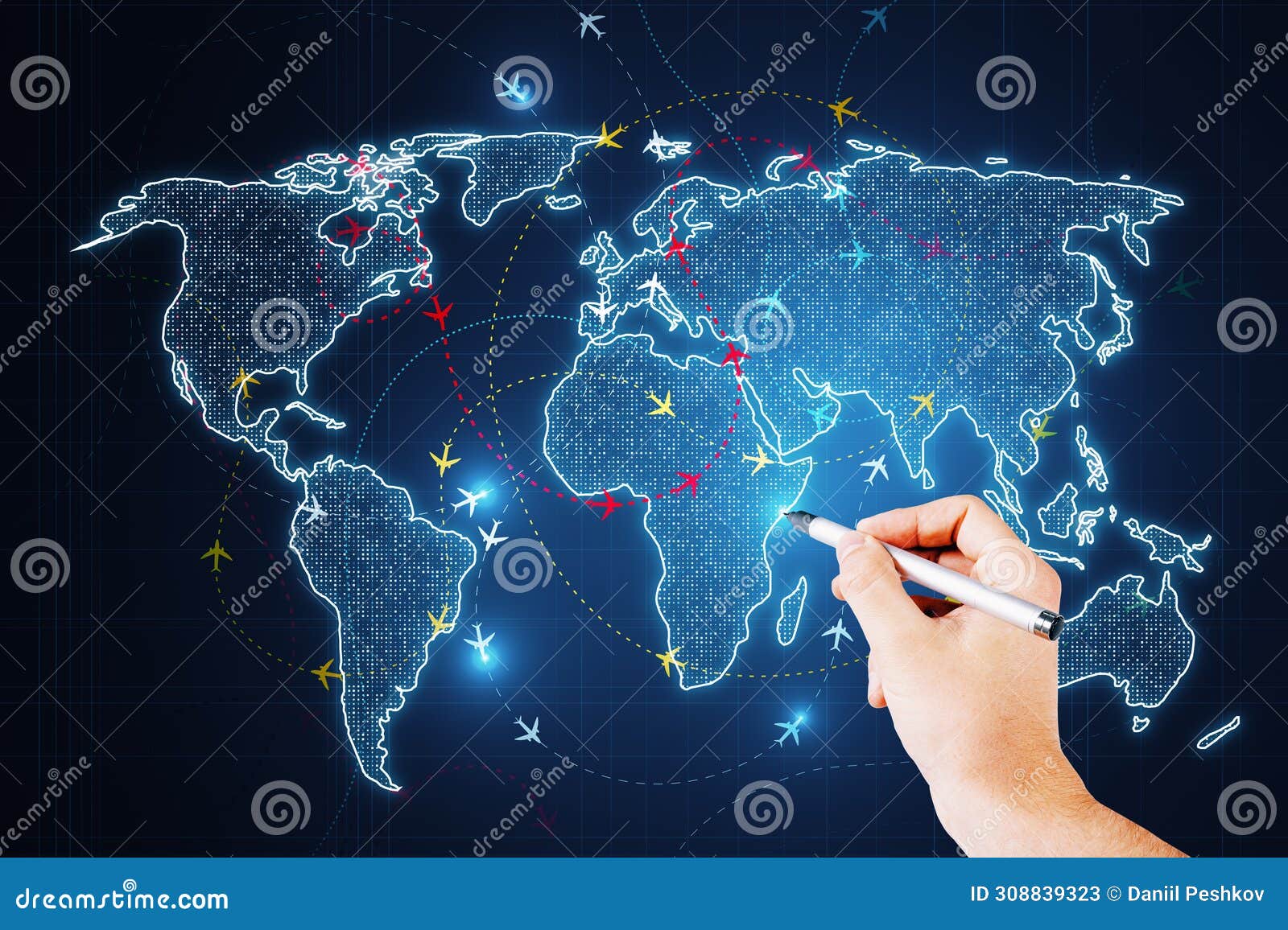 Hand Drawing Network Connections and Data Points on a Virtual World Map ...