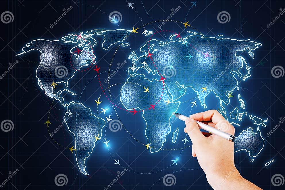 Hand Drawing Network Connections and Data Points on a Virtual World Map ...