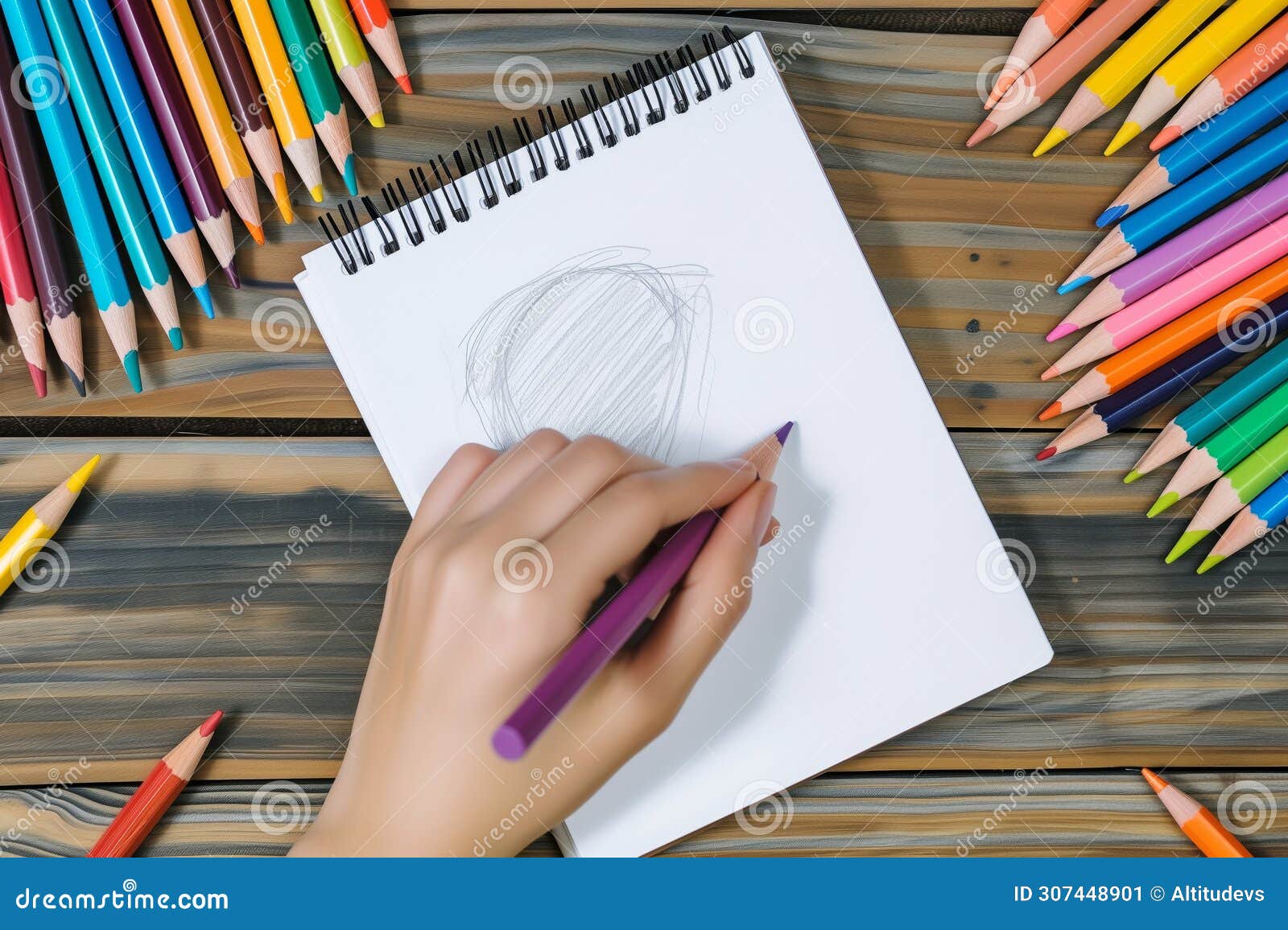Hand Drawing in Notepad, Colored Pencils Around Stock Image - Image of ...