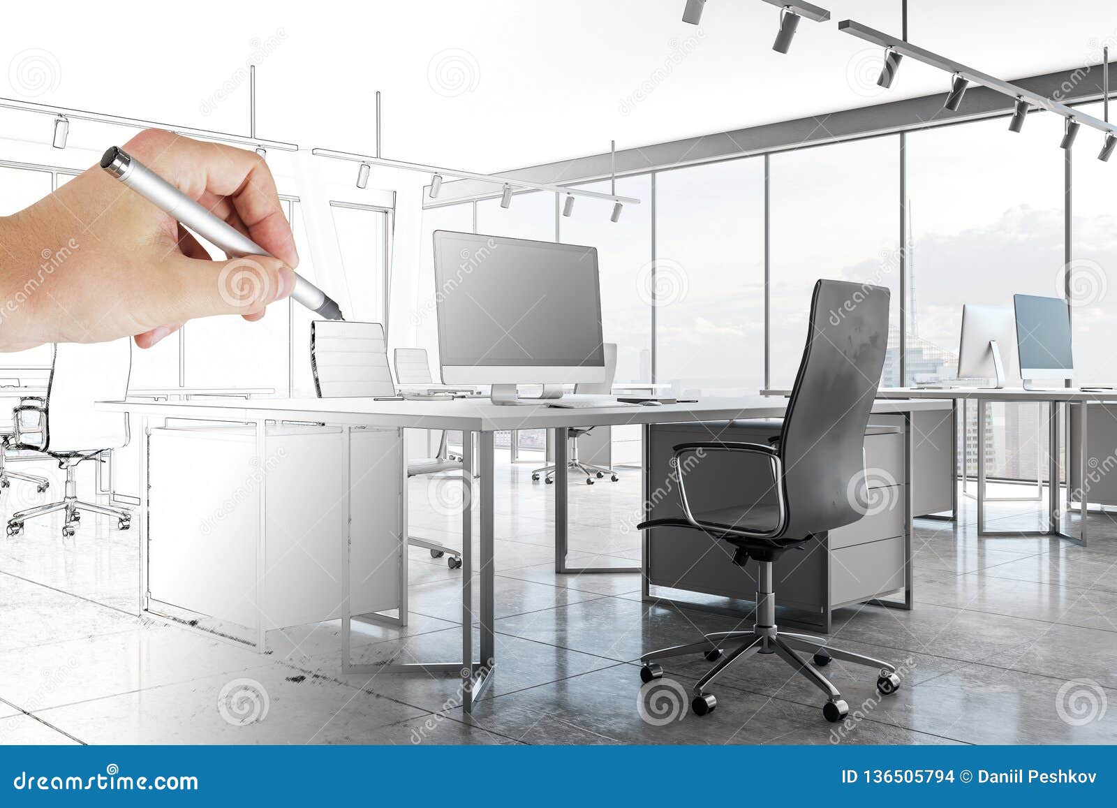 Hand Drawing Office Interior Stock Illustration - Illustration of chair ...