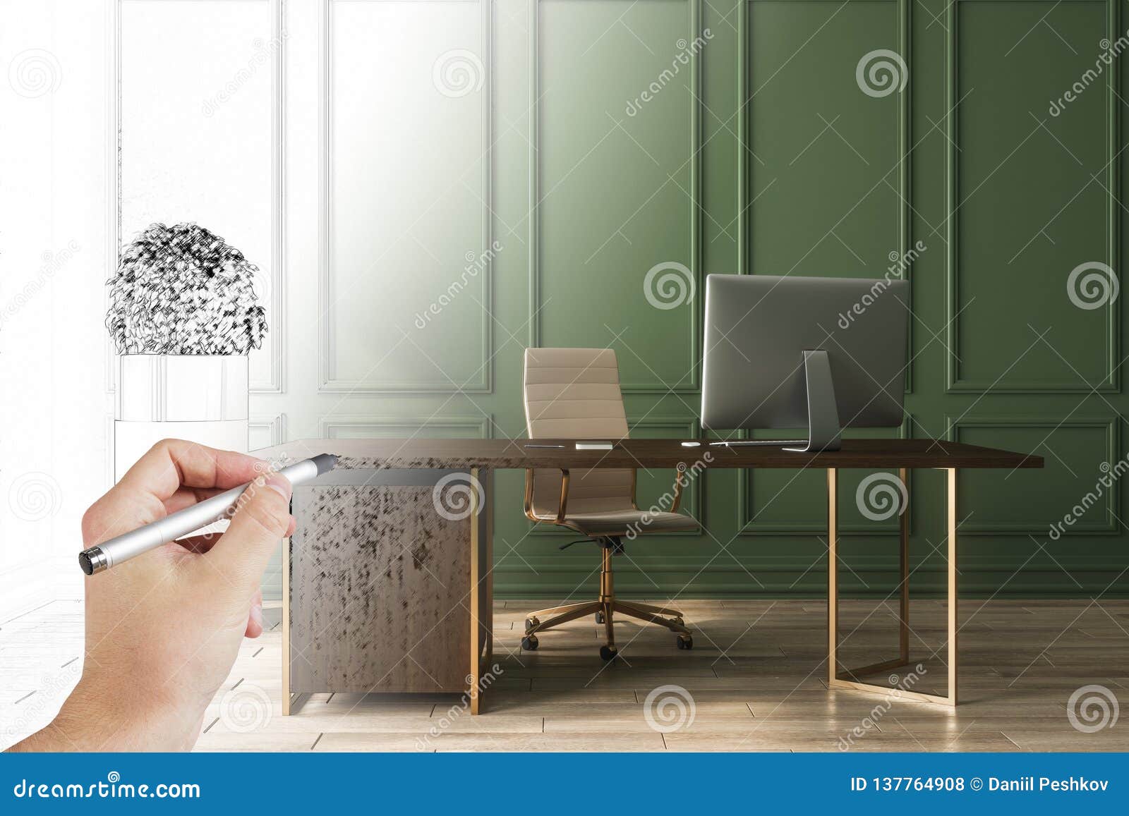 Hand Drawing Office Interior Stock Illustration - Illustration of loft ...