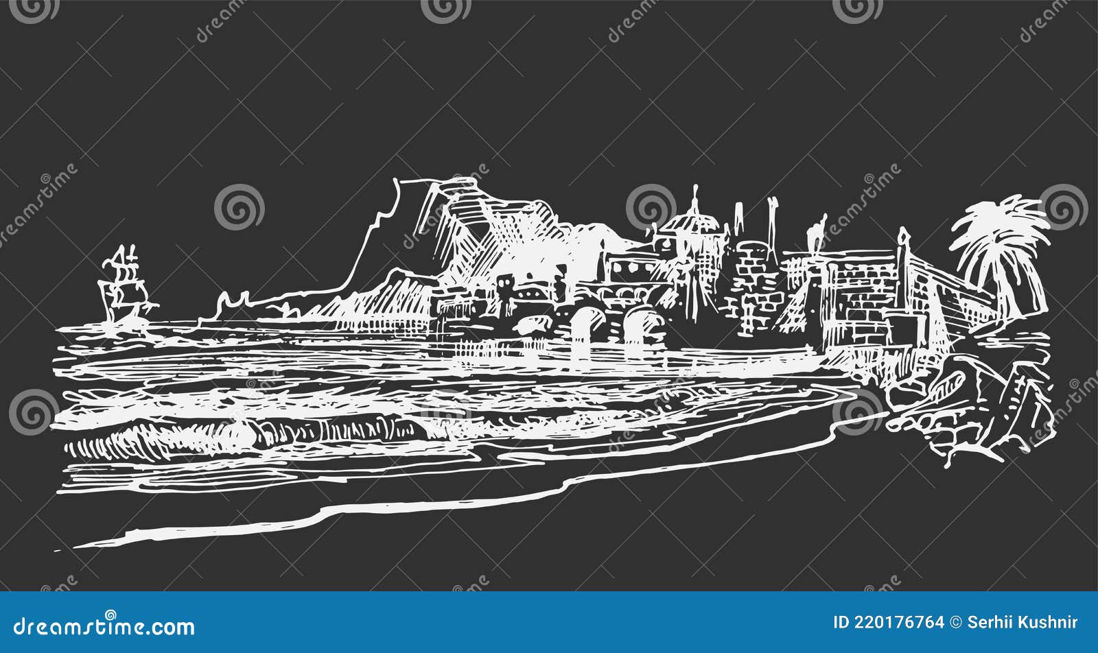Hand Drawing Old Town on the Beach. Vector Stock Vector - Illustration ...