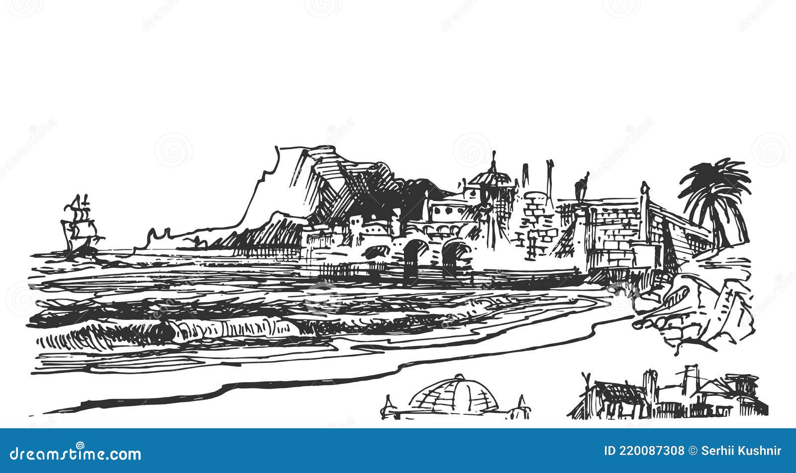 Hand Drawing Old Town on the Beach. Vector Stock Vector - Illustration ...