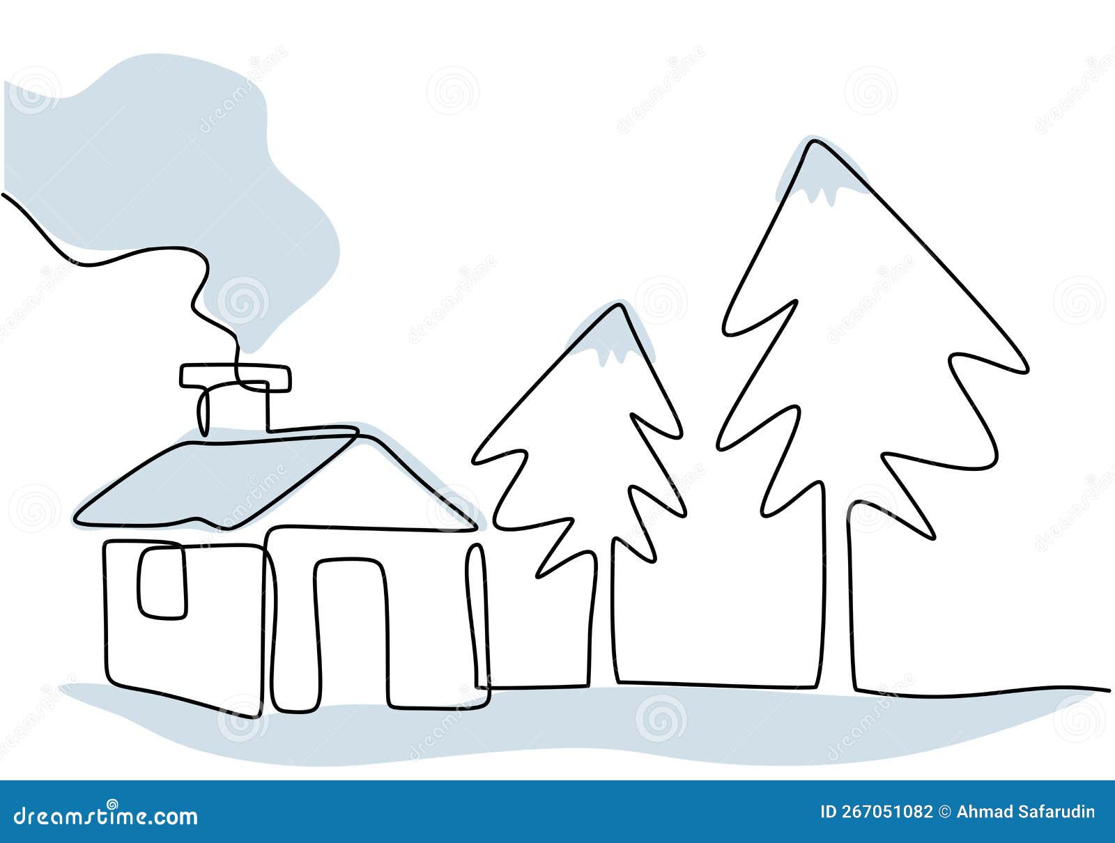 Hand Drawing One Line of House in Snow Isolated on White Background ...