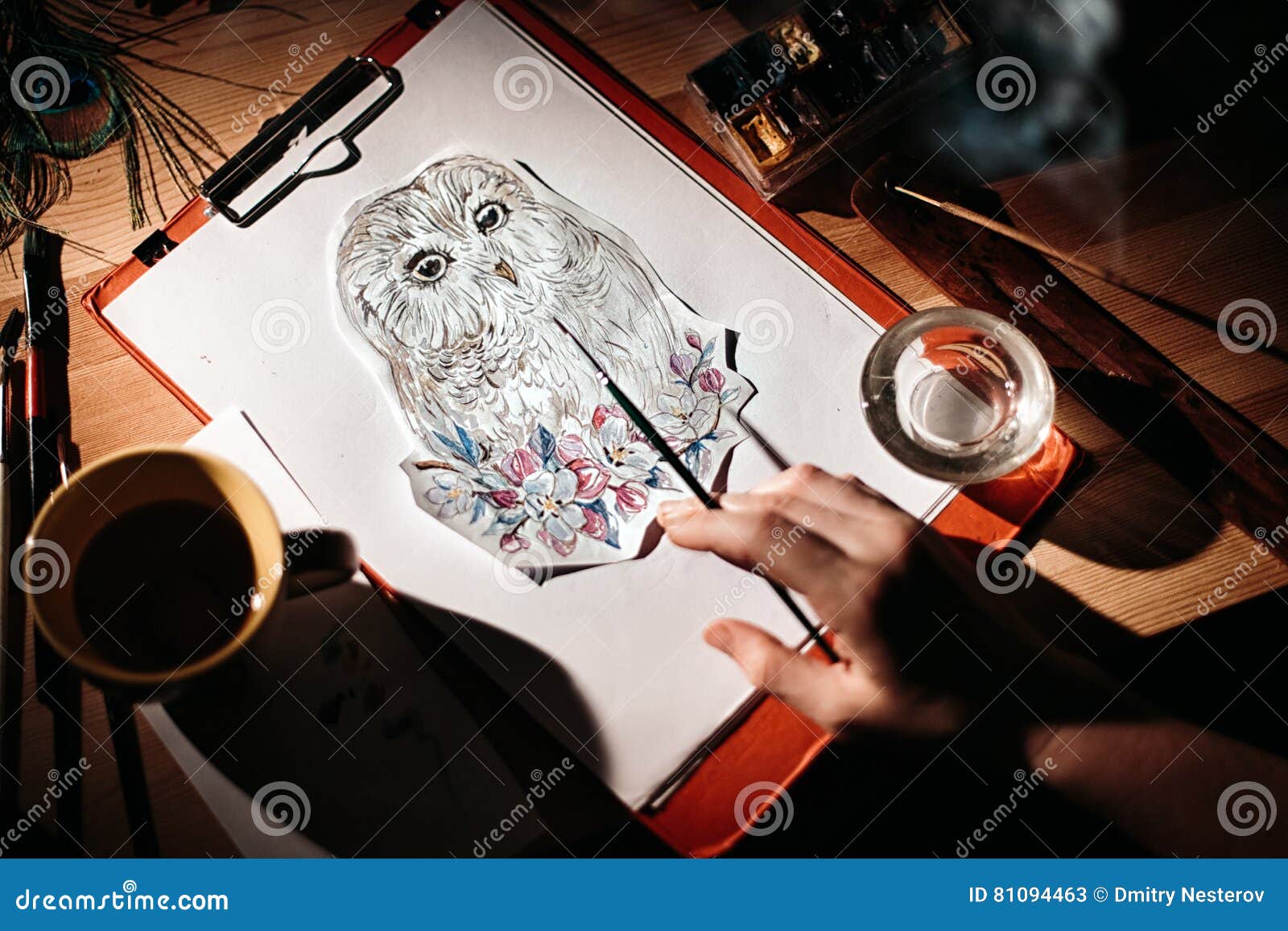 Hand Drawing a Owl in Creative Environment. Stock Image - Image of ...