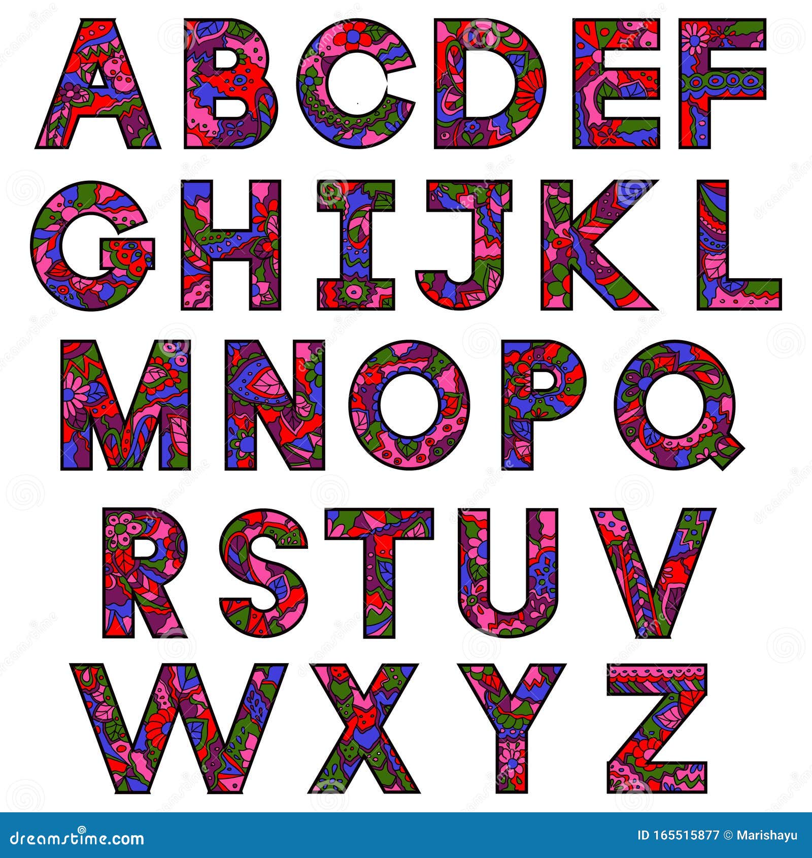 Hand Drawing Painted Alphabet. Colorful Letters Silhouettes Stock ...