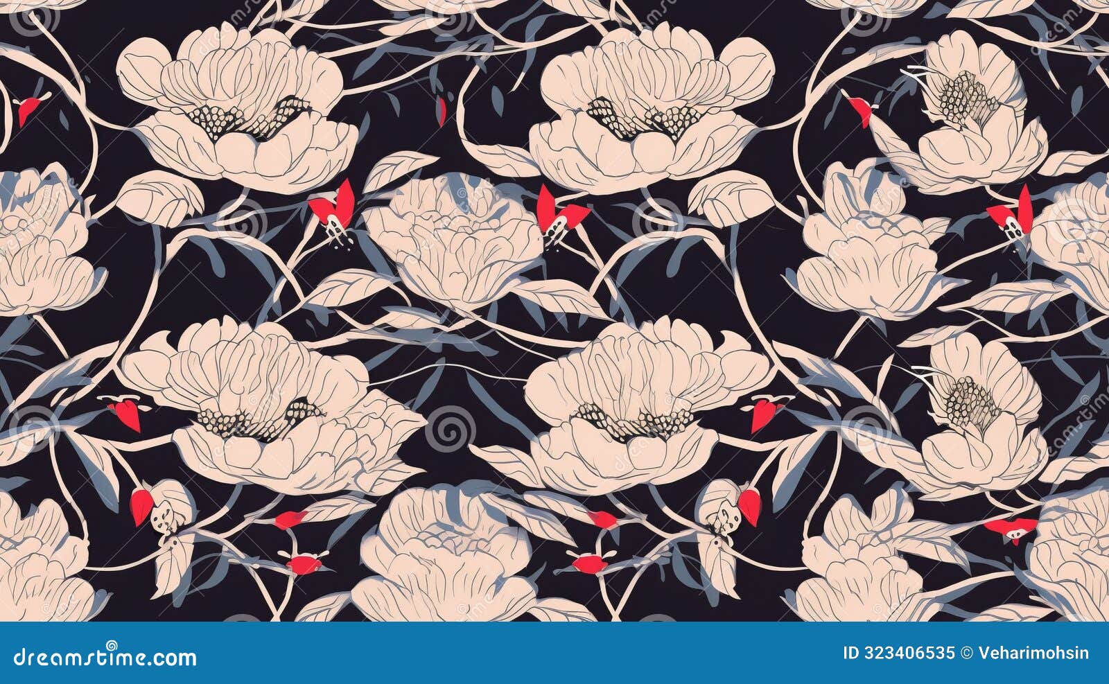 Hand Drawing, Pattern with Balsam Flowers, Tropical Beetles ...