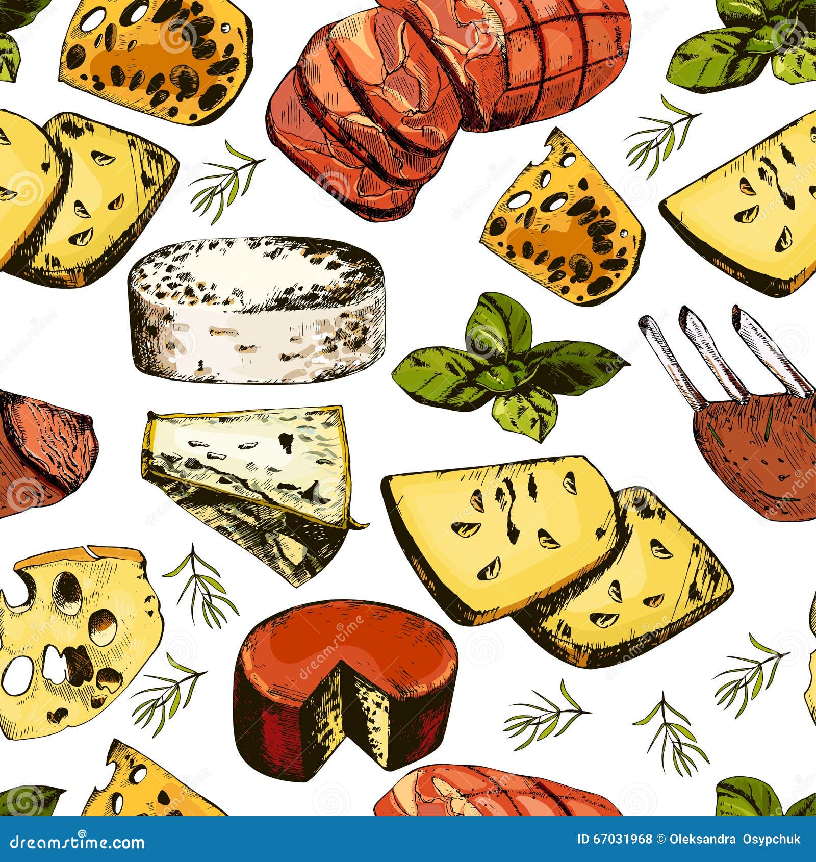 Hand Drawing Pattern with Different Cheeses and Meat. Stock Vector - Illustration of dinner ...