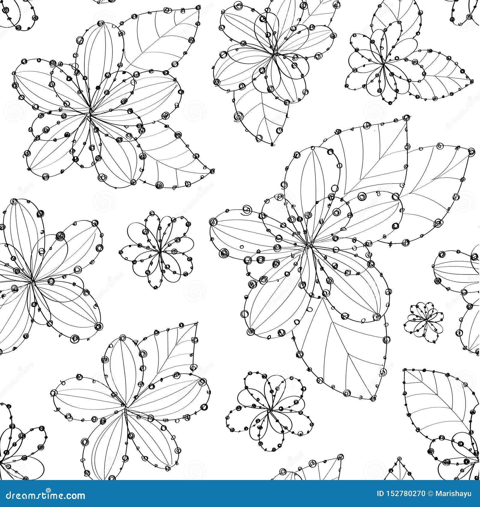Hand Drawing Pattern with Flowers and Leafs. Dots on Contour Stock ...
