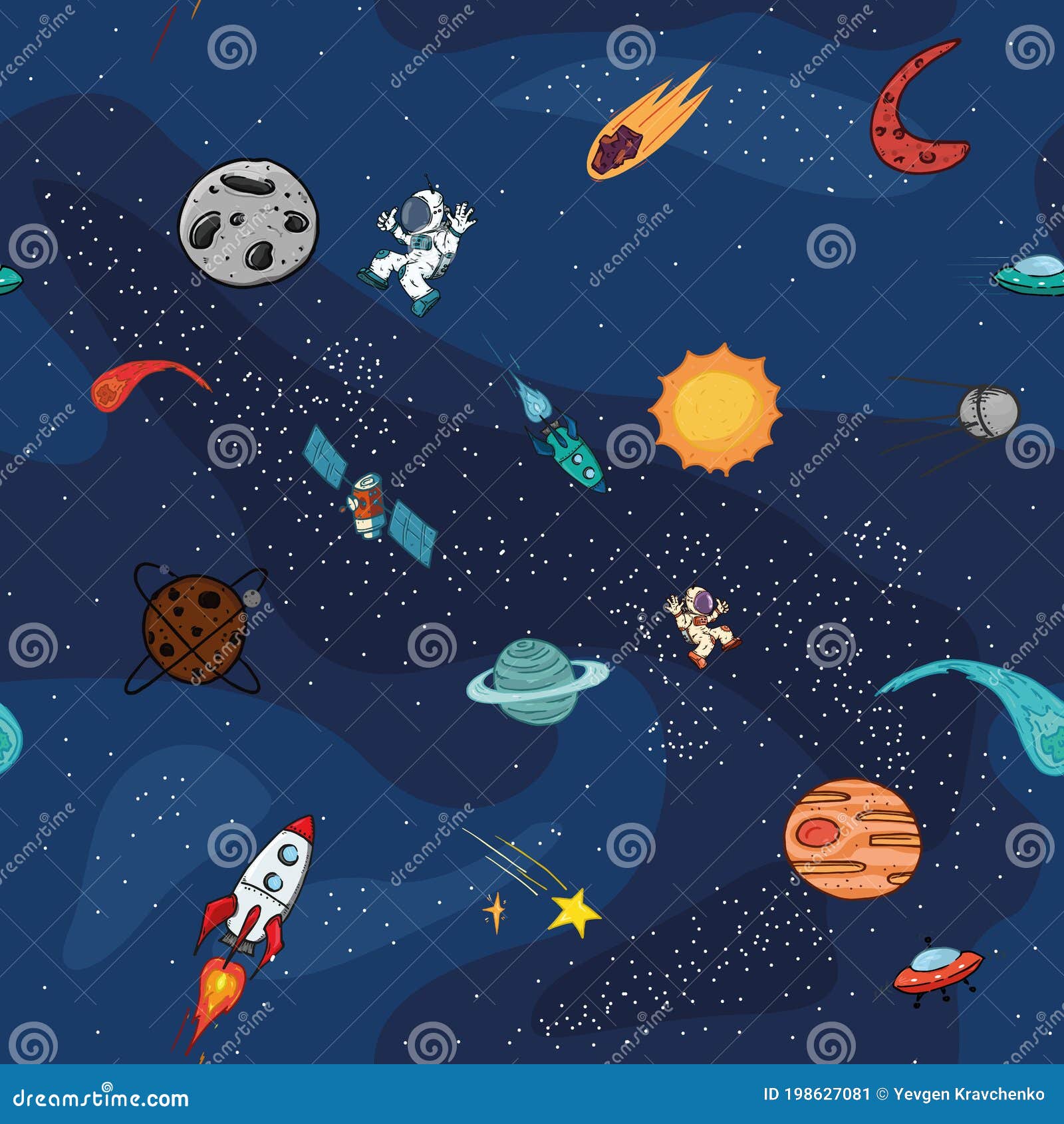 Vector Illustration of Astronauts and Comets. Hand Drawing Planets and ...