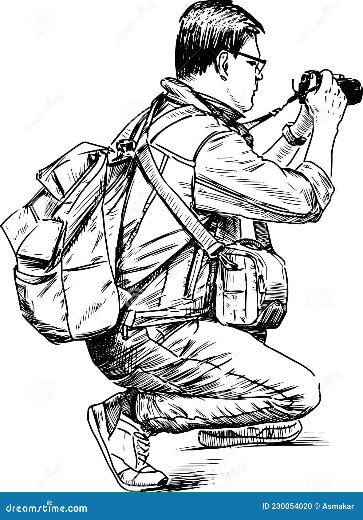 Hand Drawing of Professional Photographer Crouching and Taking Picture ...