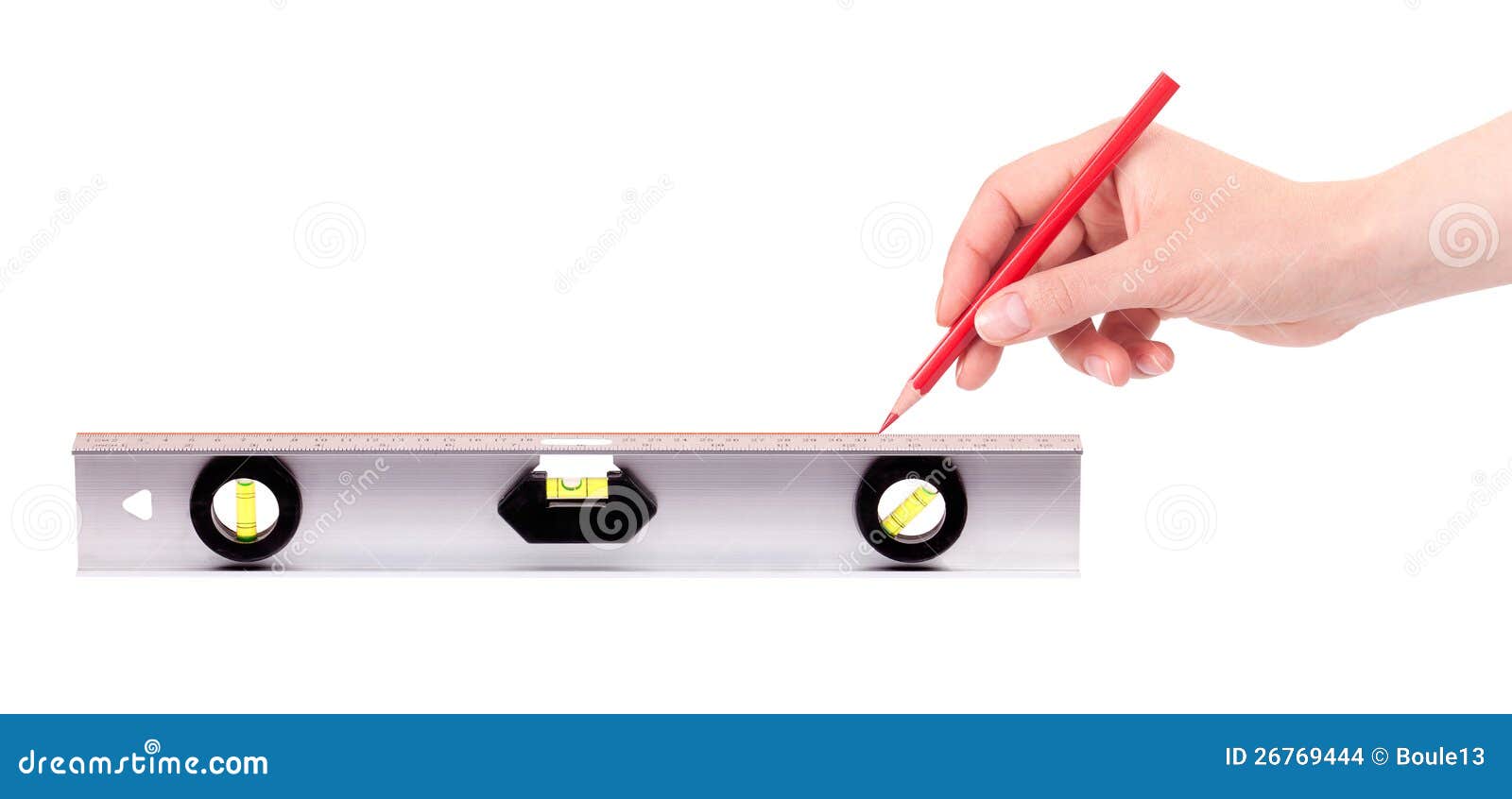 Hand Drawing Red Line Using A Spirit Level Stock Photo - Image of ...