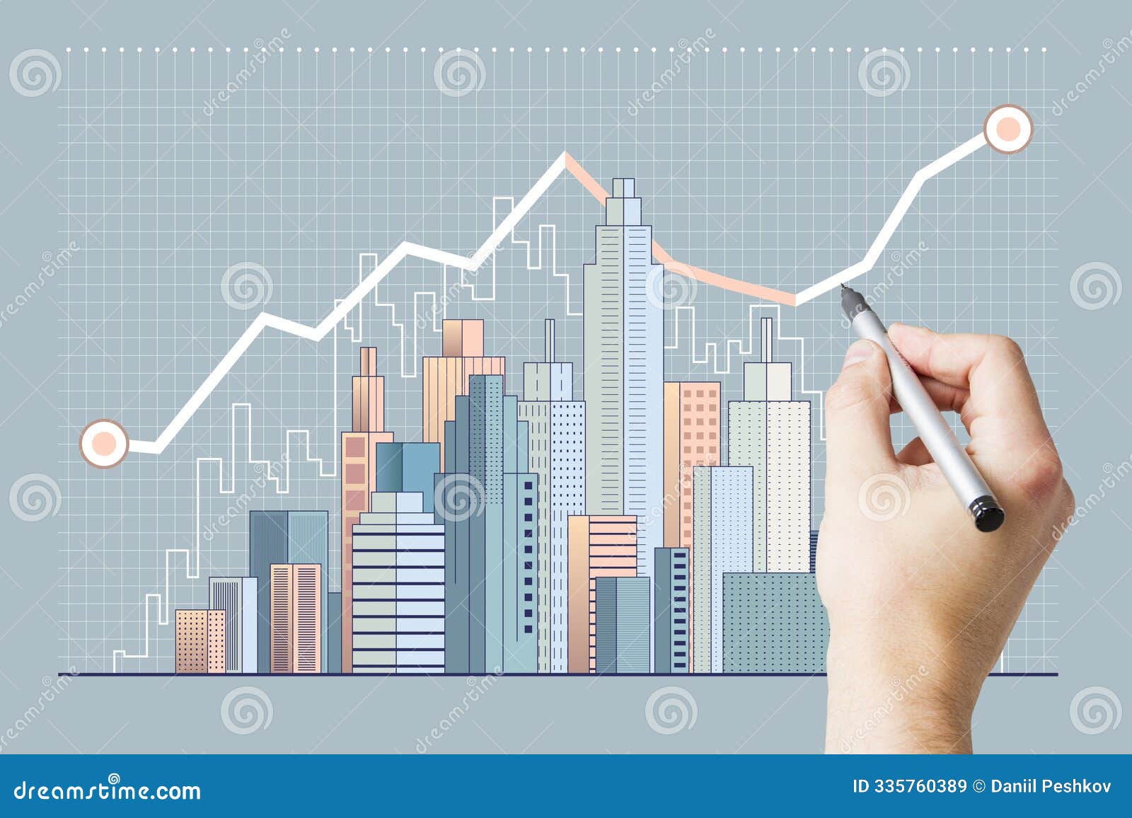 Hand Drawing a Rising Graph on Cityscape Background Representing Real ...