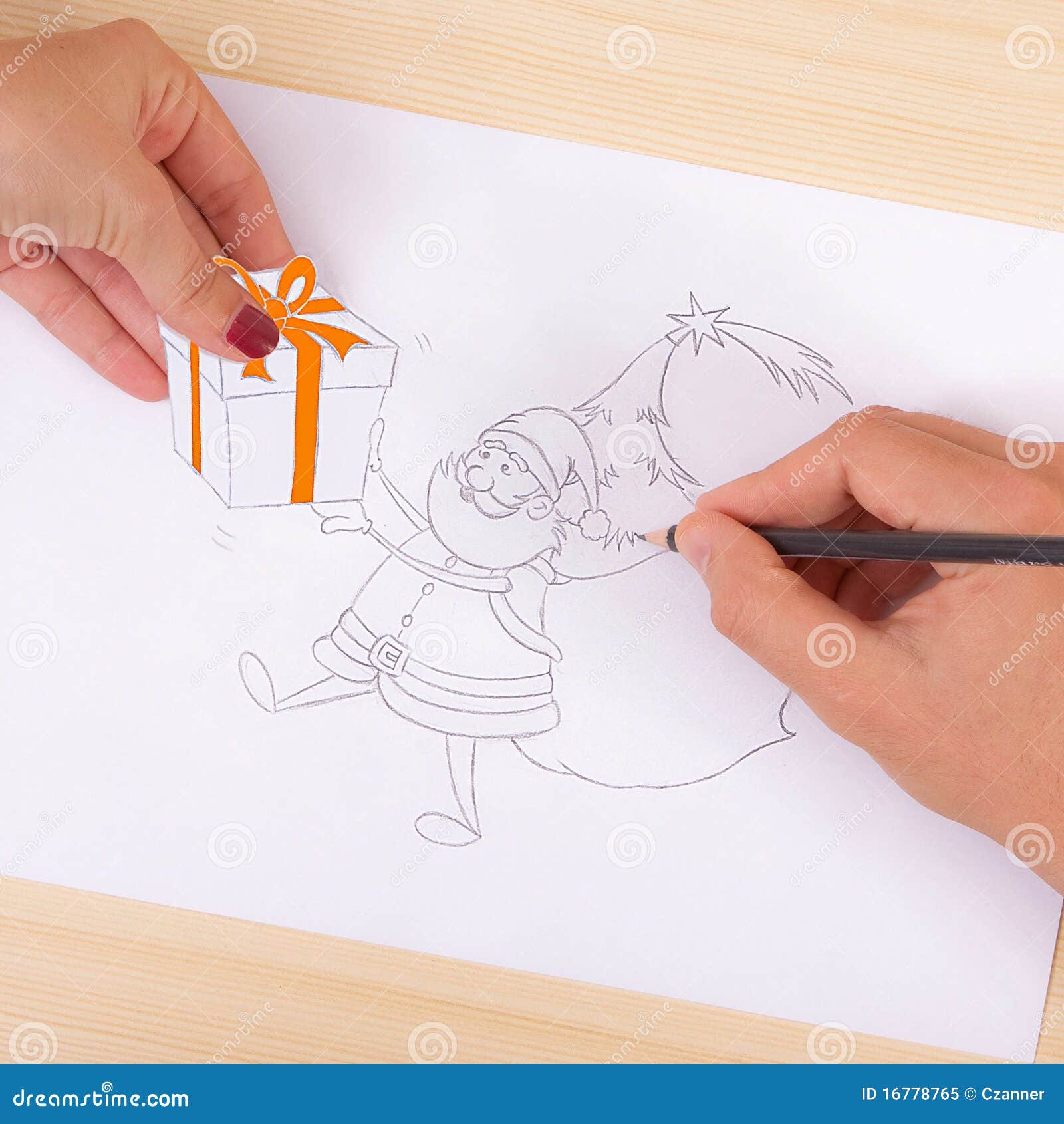Hand Drawing Santa and Santa Giving Gift Stock Image - Image of happy ...