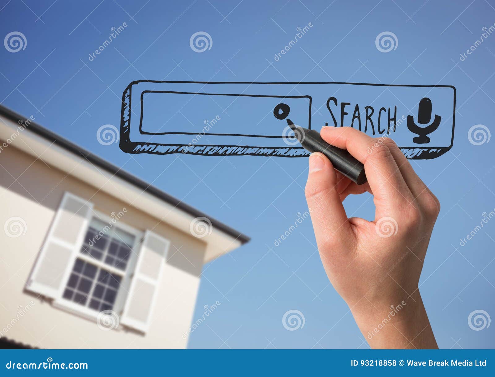 Hand Drawing Search Bar Against House and Sky Stock Photo - Image of ...