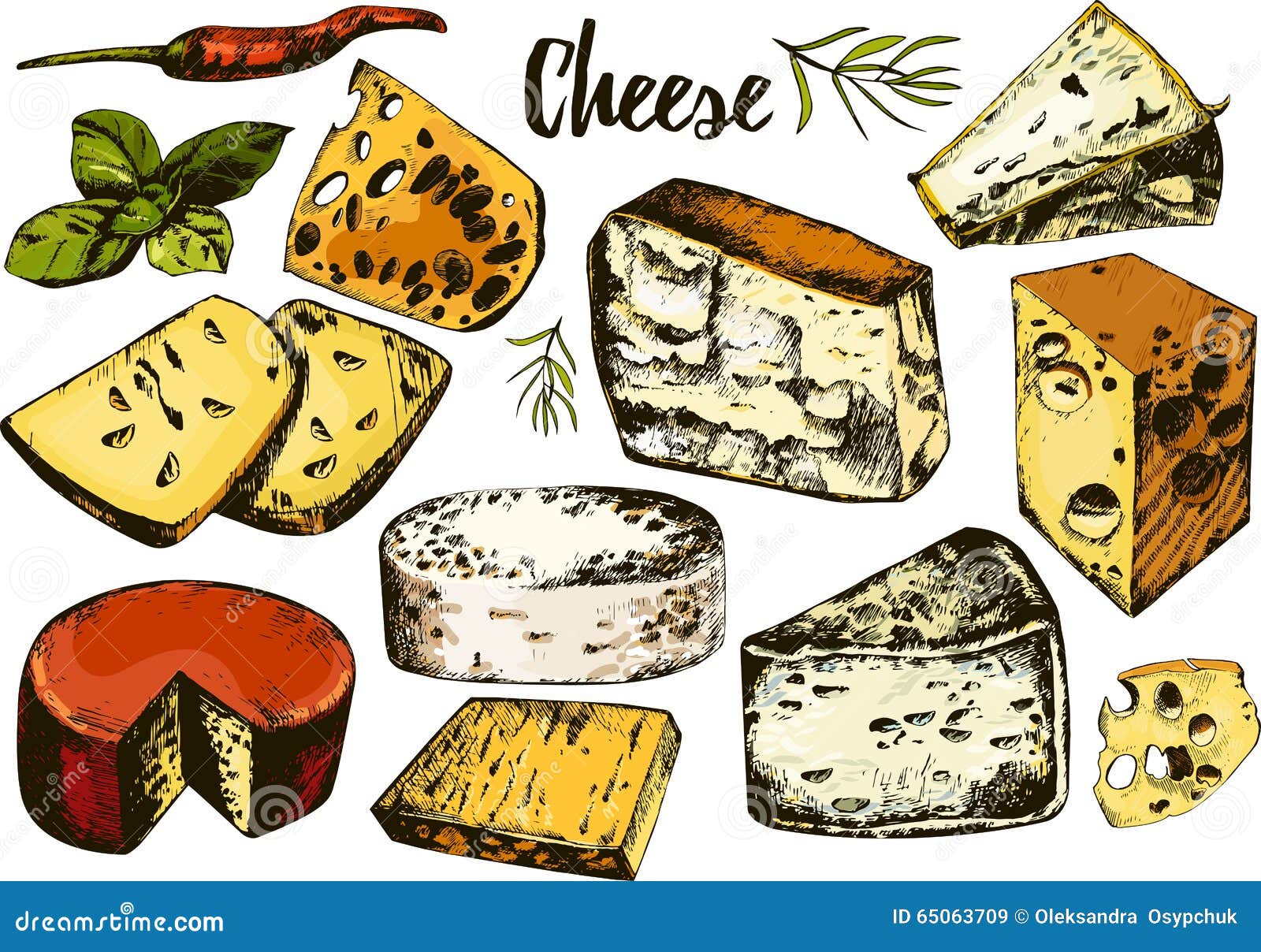 Hand Drawing Set with Different Cheeses. Stock Vector - Illustration of ...