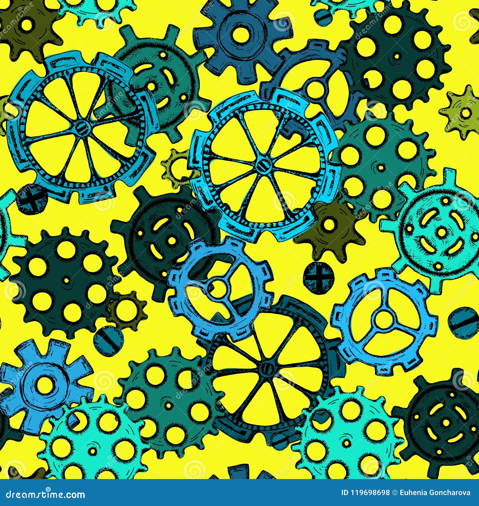 Hand Drawing Sketch Sprocket-wheels, Colorful Gears Seamless Pattern ...