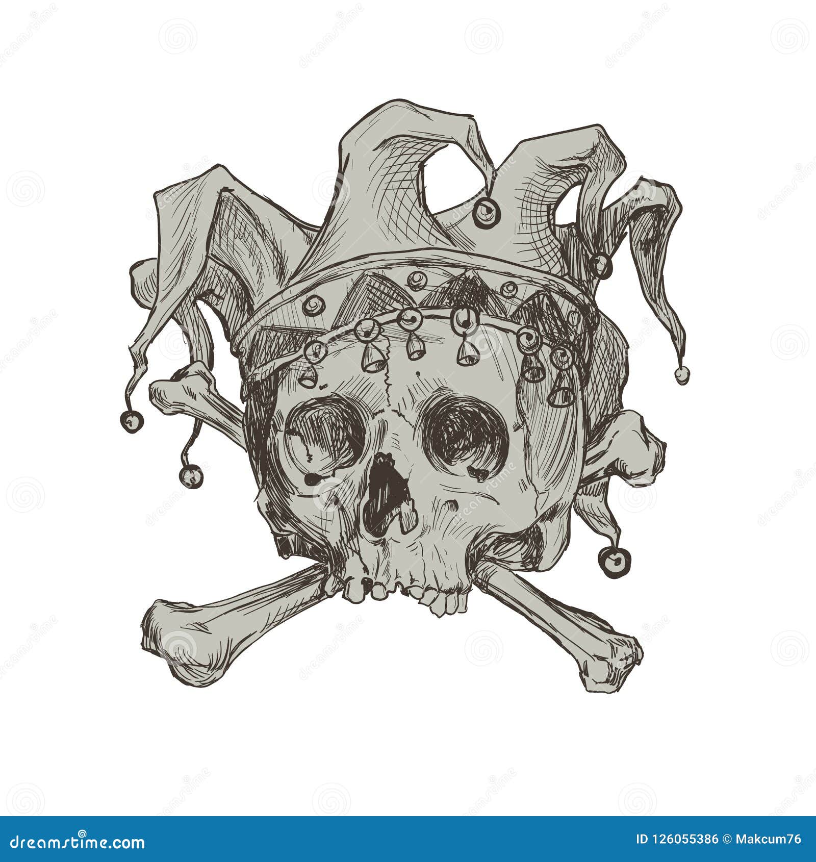 Hand Drawing The Skull Of A Joker In A Comic Cap. Vector Illustration ...