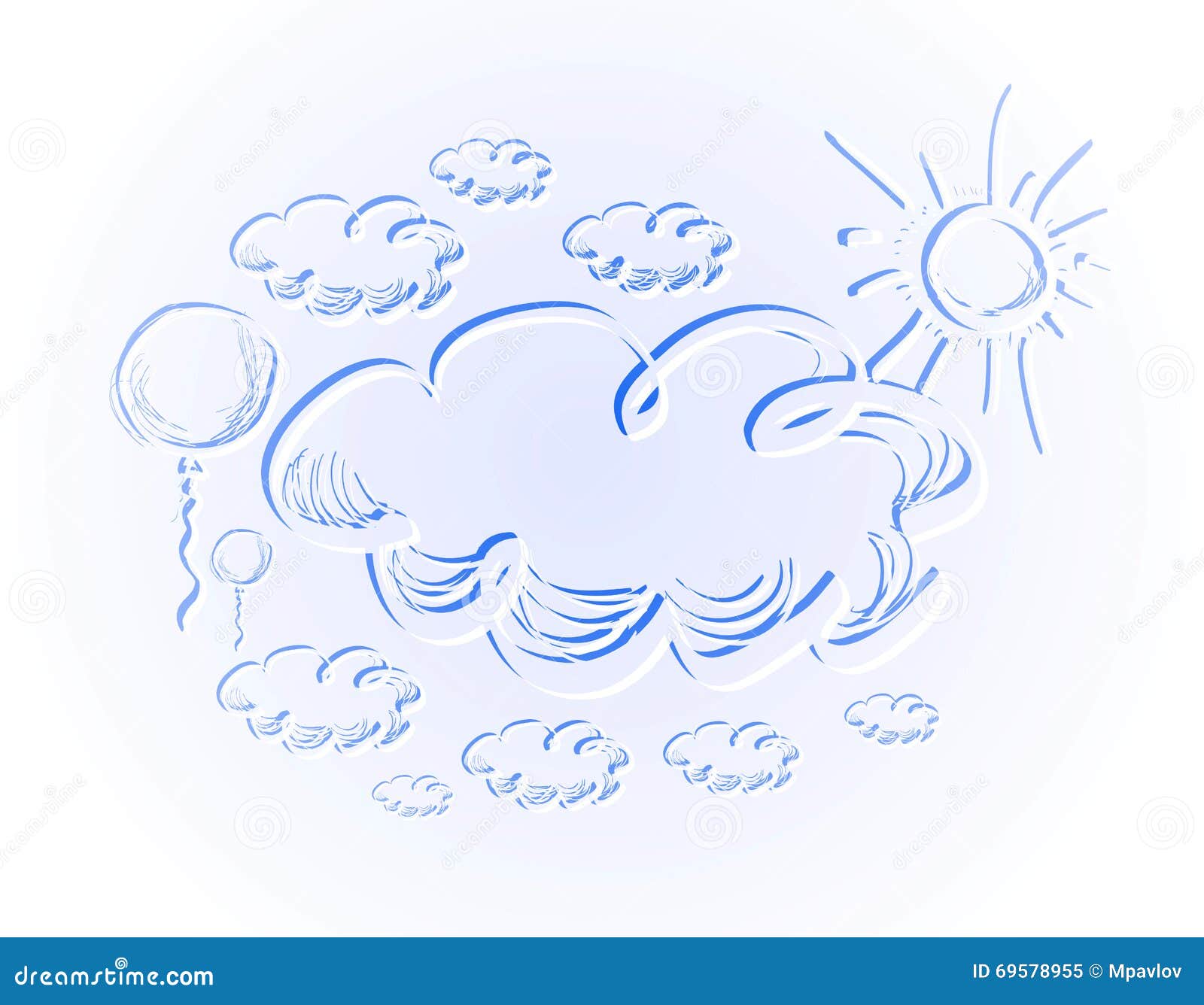 Hand Drawing Sky with Clouds and Sun. Stock Vector - Illustration of ...