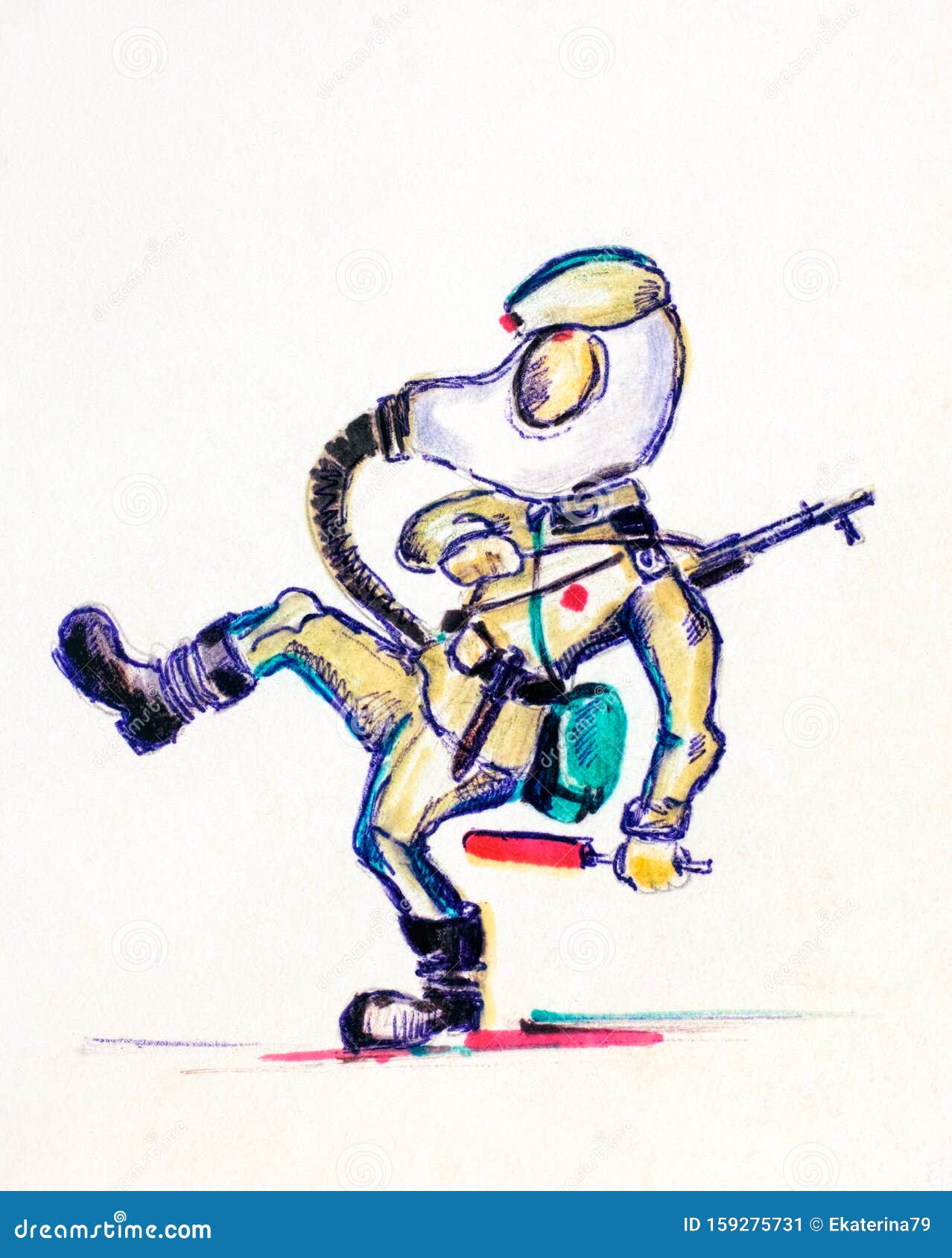 Hand Drawing of a Soviet Soldier in Gas Mask Stock Illustration ...