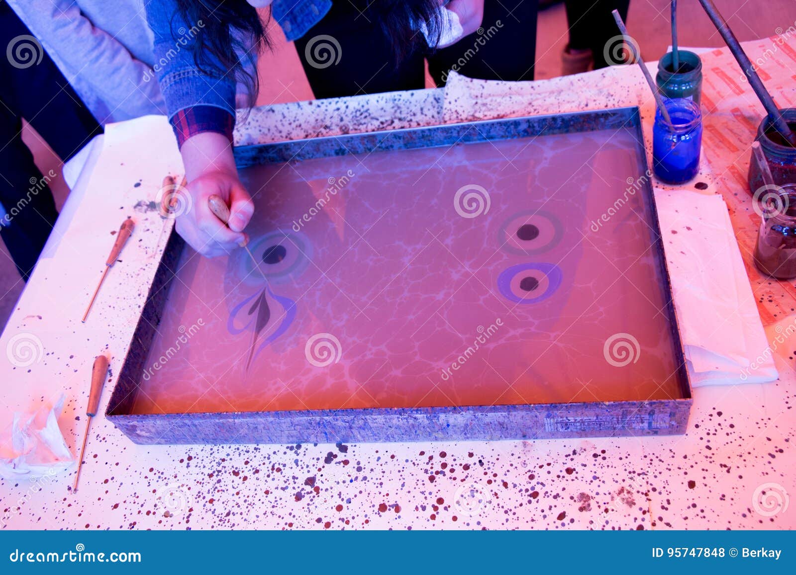 Hand Drawing with Stick Stained Inks on Water Stock Photo - Image of ...