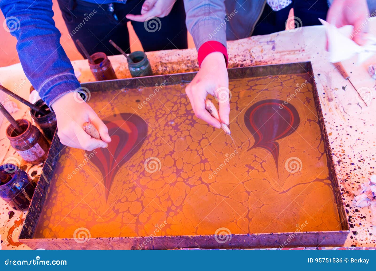 Hand Drawing with Stick Stained Inks on Water Stock Photo - Image of ...