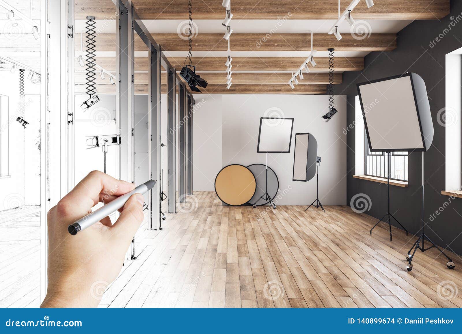 Hand drawing studio stock photo. Image of ceiling, concrete - 140899674