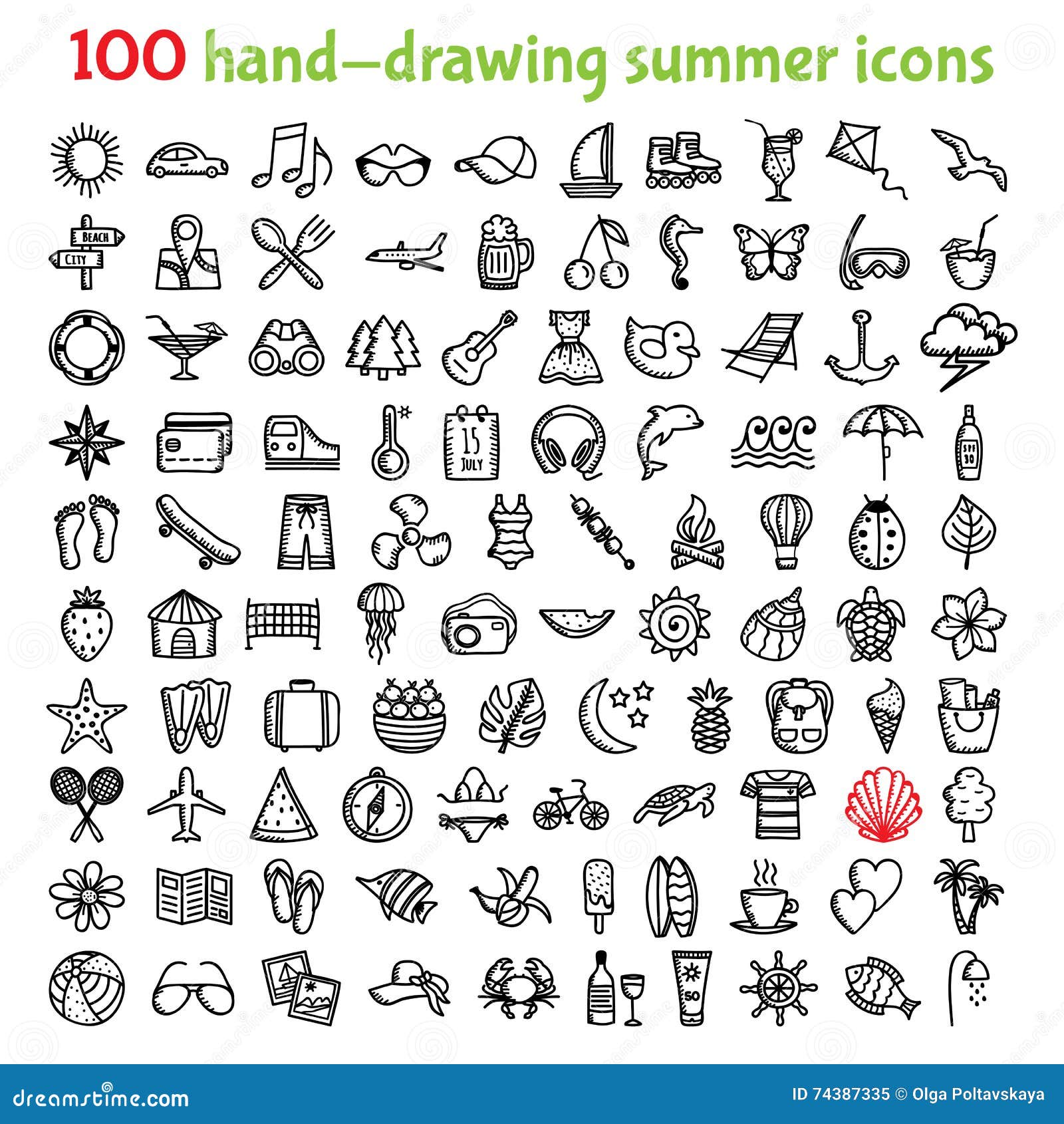 100 Hand-drawing Summer Icons Stock Vector - Illustration of ...