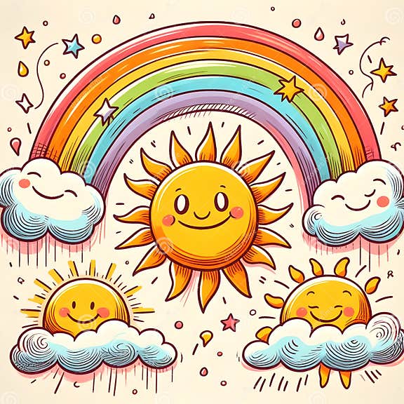 Hand Drawing of Sun Rainbow and Clouds Stock Illustration ...