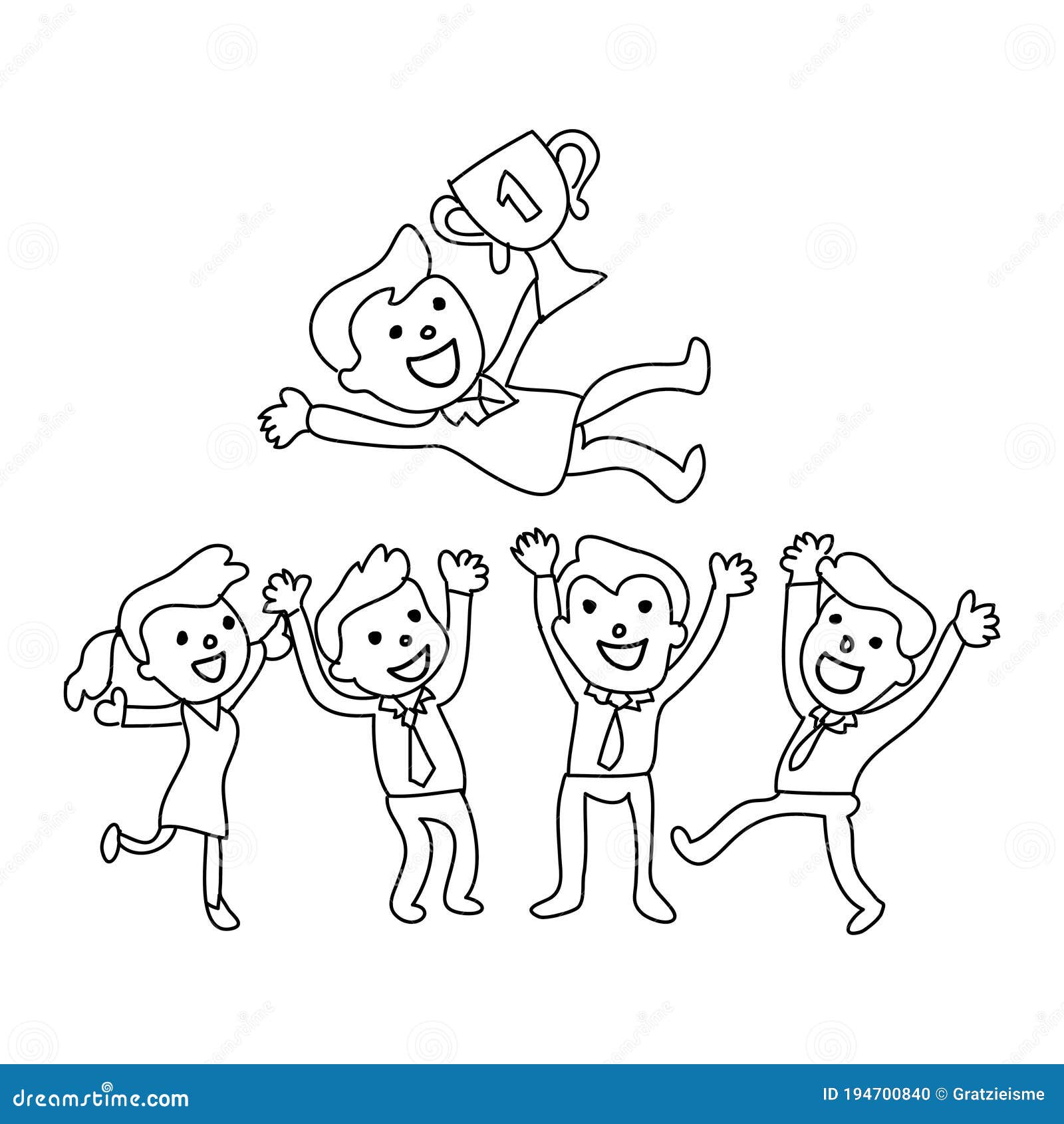 Hand Drawing of a Team Celebrating Its Success while Carrying a Trophy ...