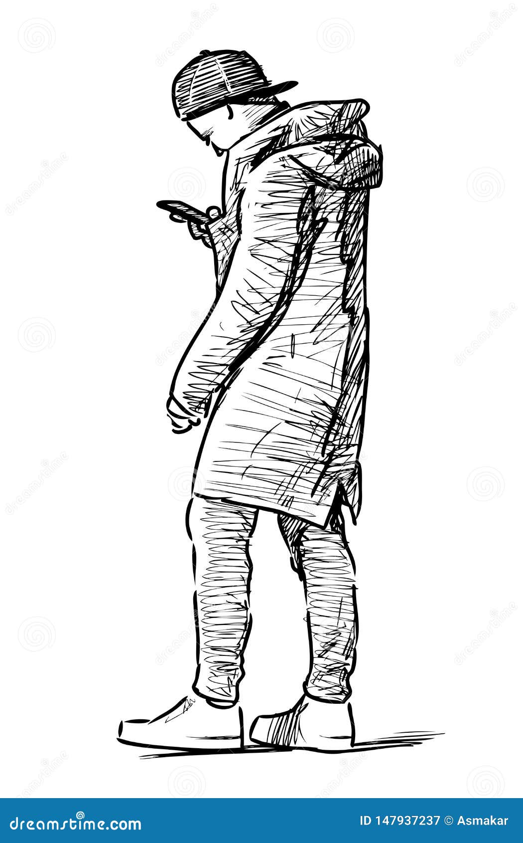 Hand Drawing of a Teen Boy with His Smartphone Stock Vector ...