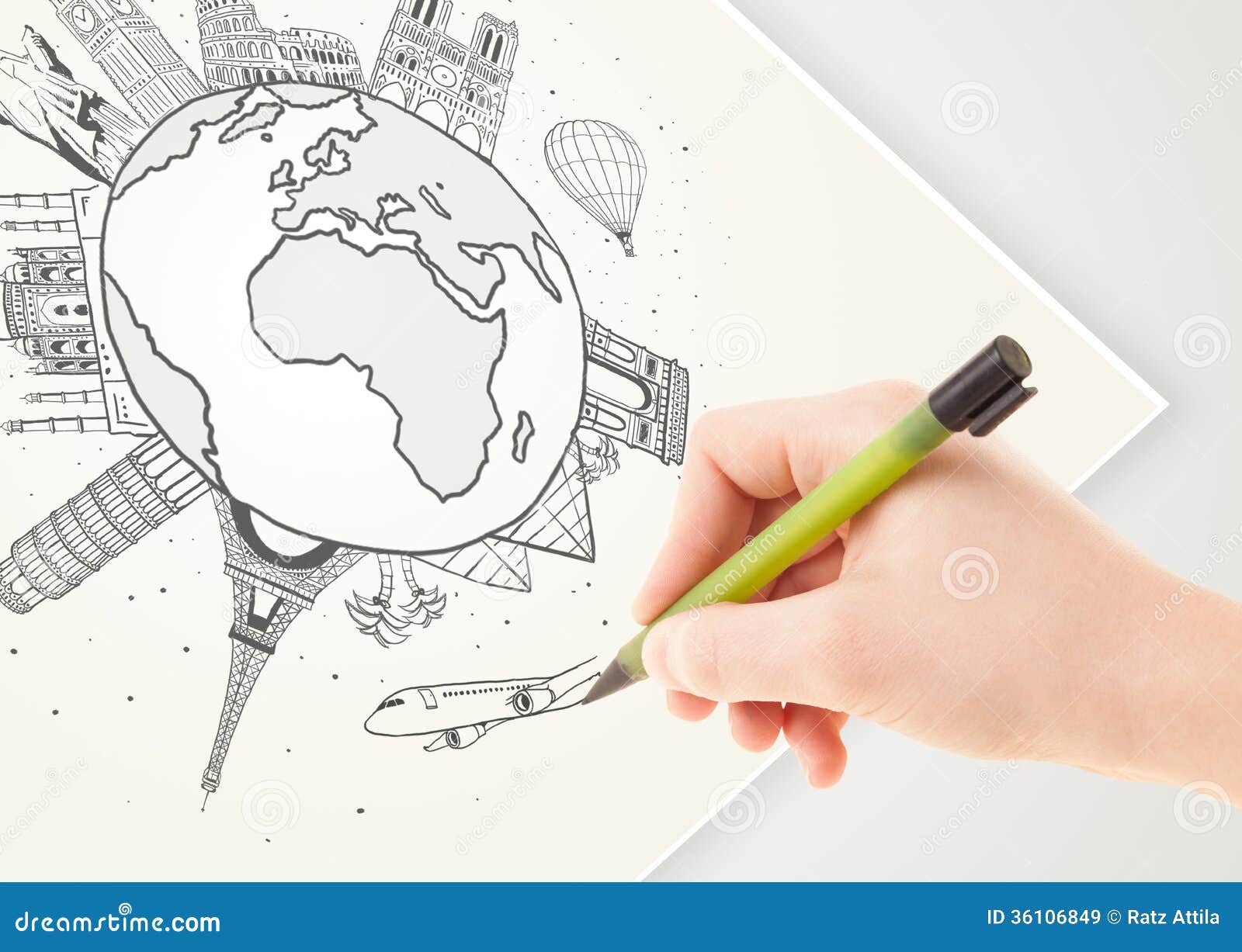 Hand Drawing Vacation Trip Around The Earth With Landmarks And C Stock ...