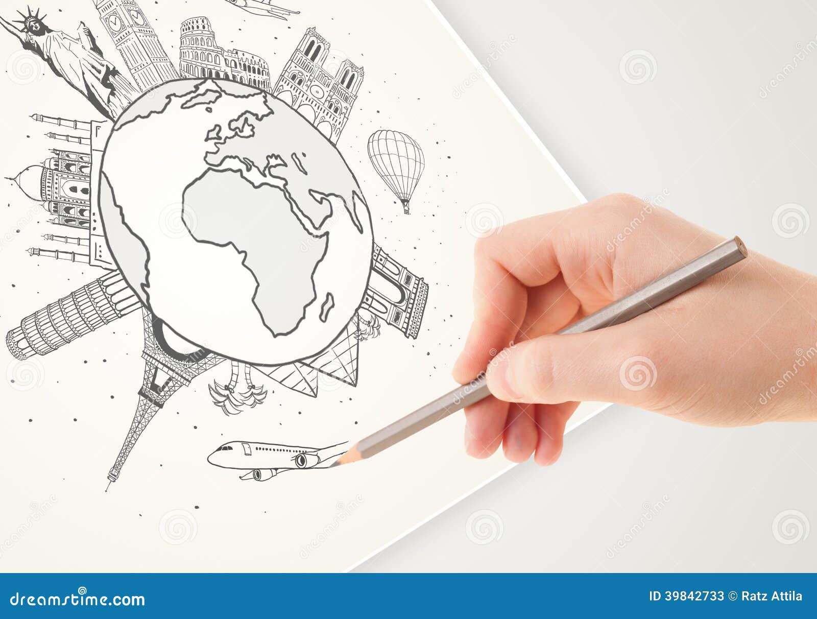 Hand Drawing Vacation Trip Around the Earth with Landmarks and C Stock ...
