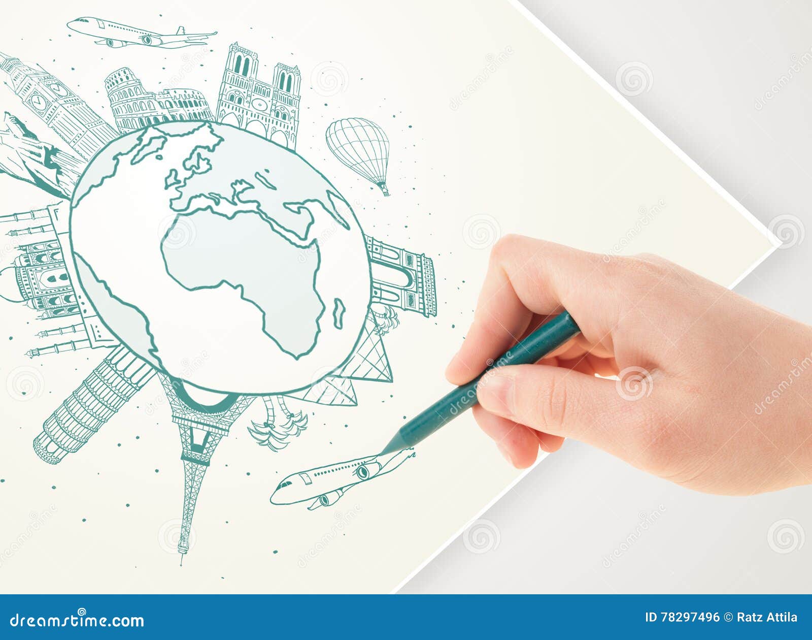 Hand Drawing Vacation Trip Around the Earth with Landmarks and C Stock ...