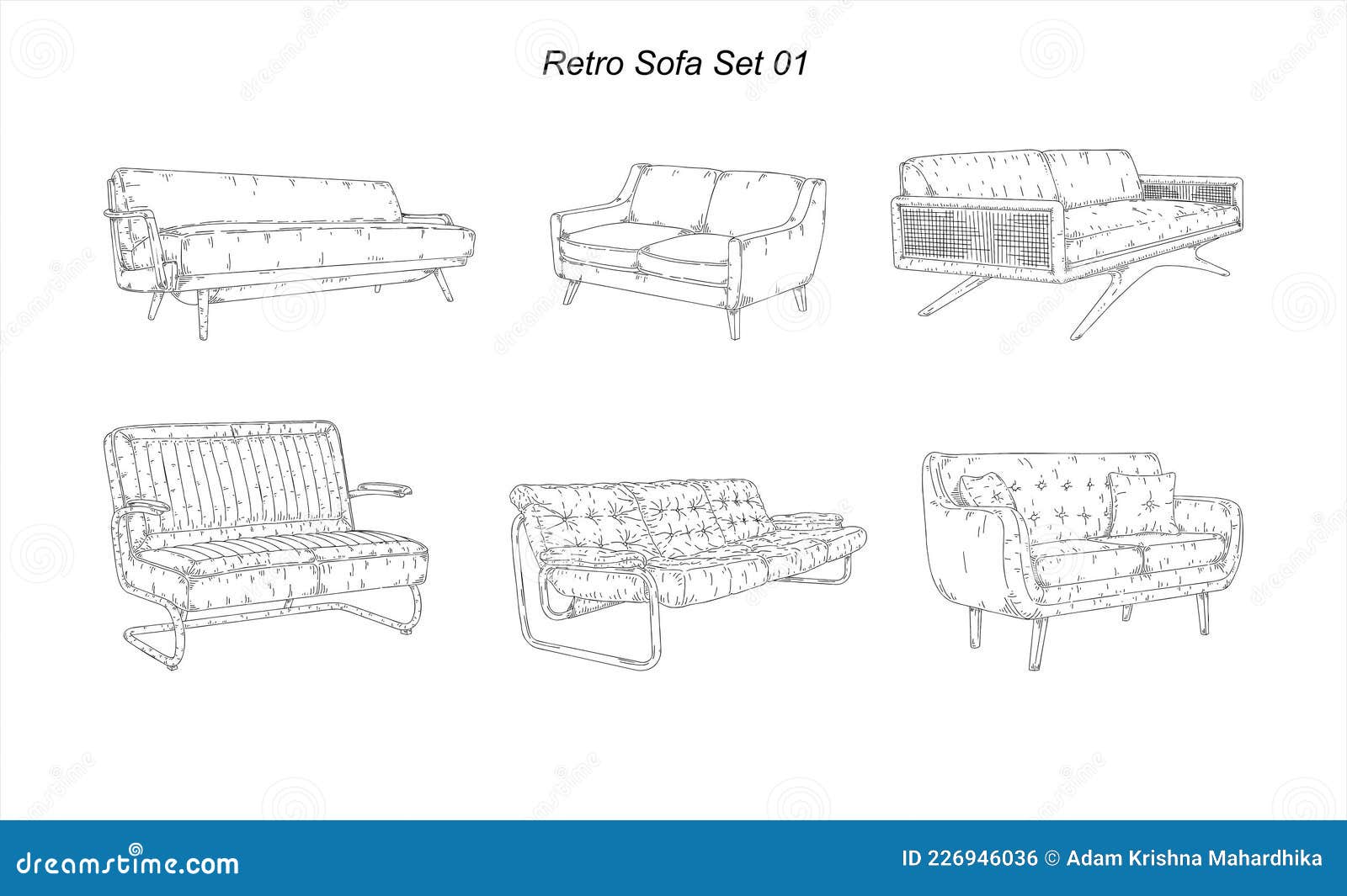 Hand Drawing Vector Retro Sofa Collection 01 Stock Vector ...