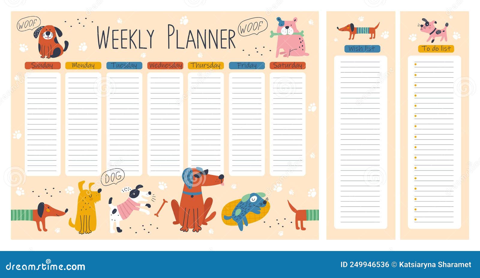 Hand Drawing Weekly Planner with Dogs. Vector Illustrations Stock ...